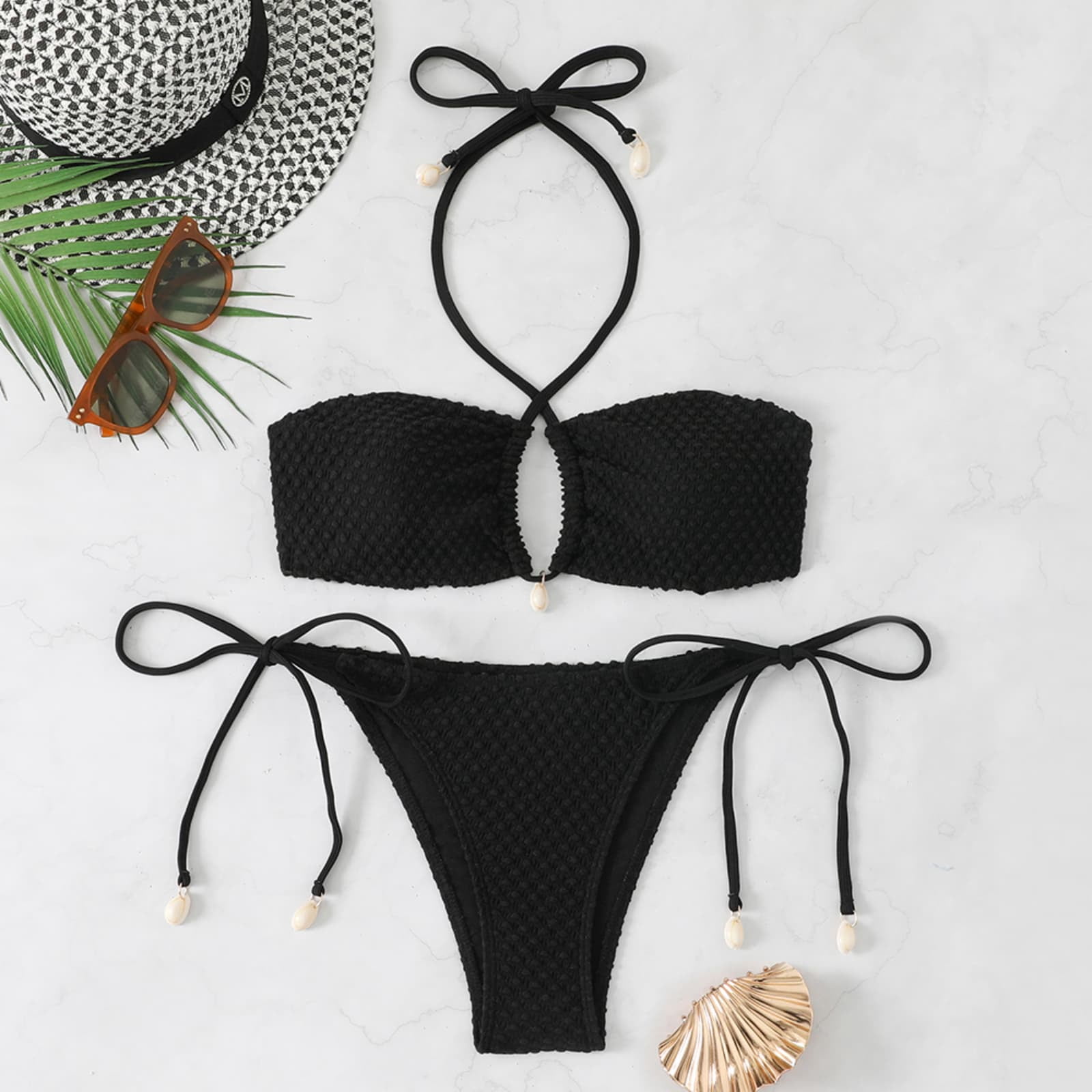 Women's 2 Piece Halter Textured Bikini Set Tie Back Bathing Suit High ...