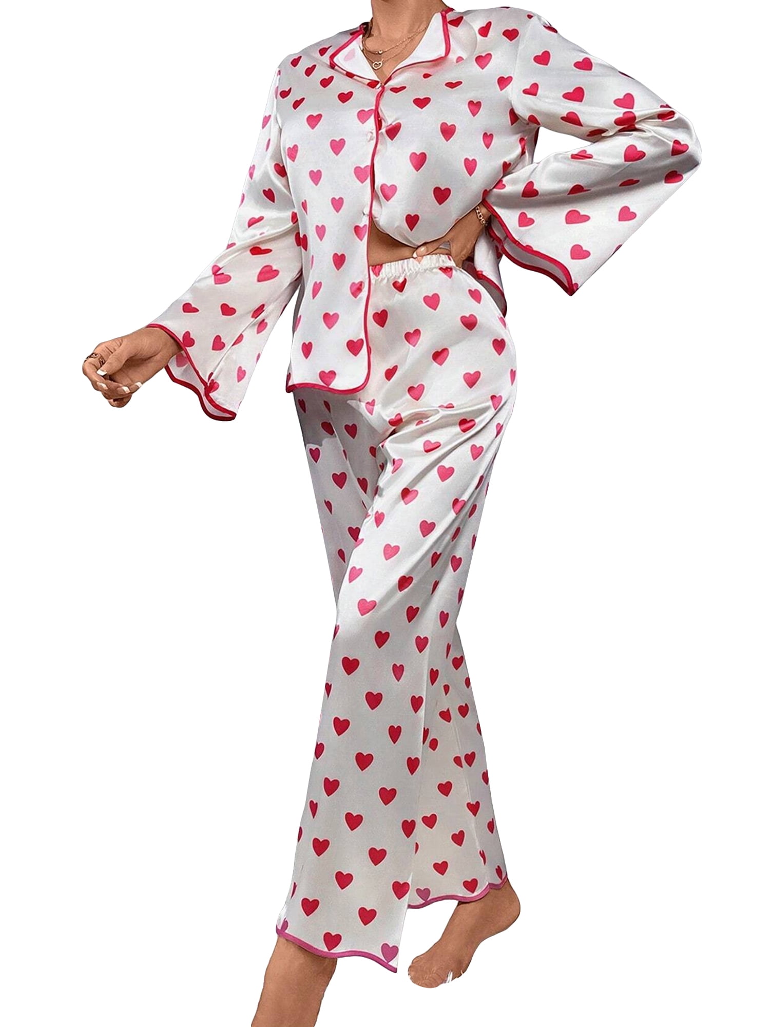 Women's 2 Piece Heart Print Satin Pajama Set Long Sleeve V Neck Shirt ...