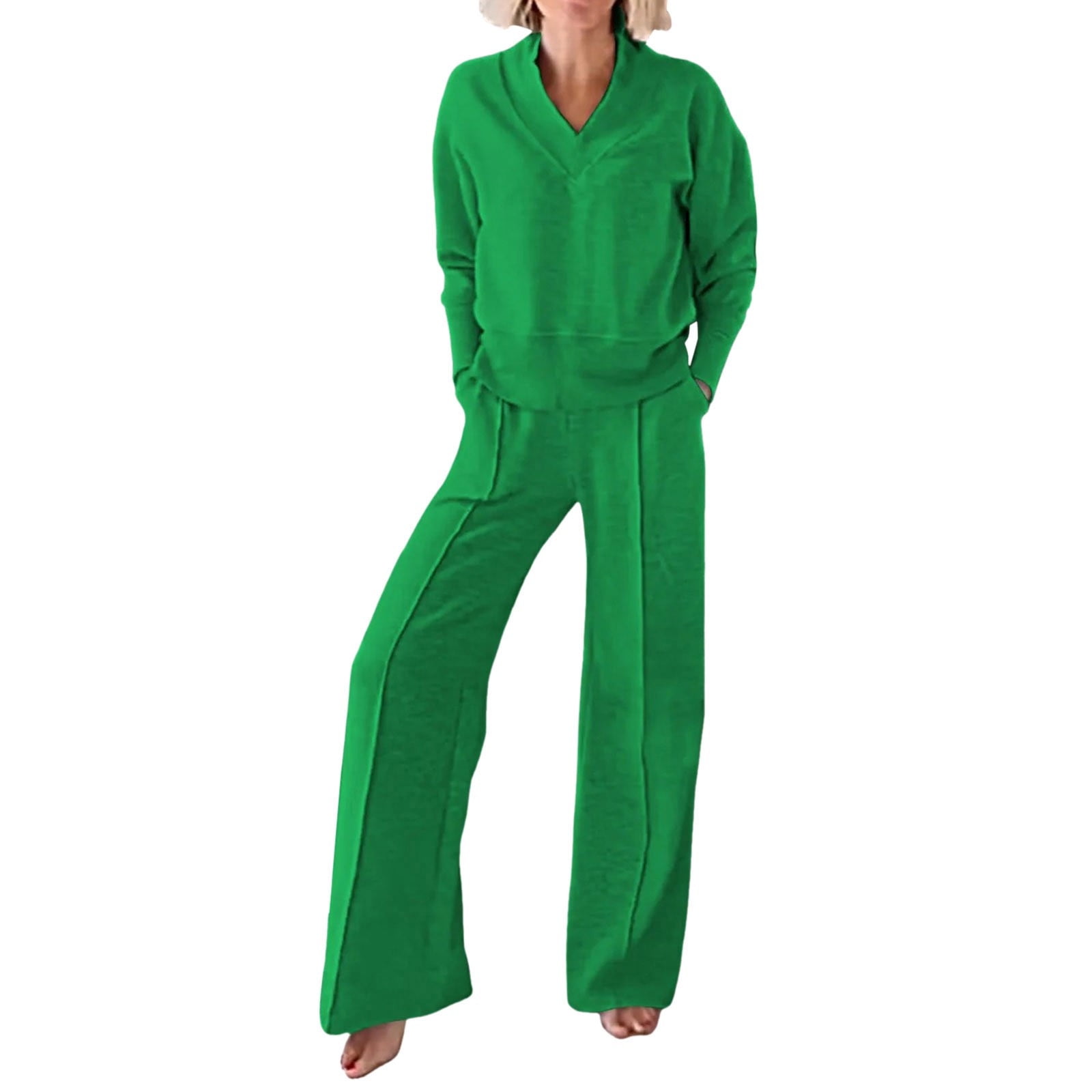 Women's Outfits Sets Solid Color Loungewear V Neck Collared Tunic Wide ...