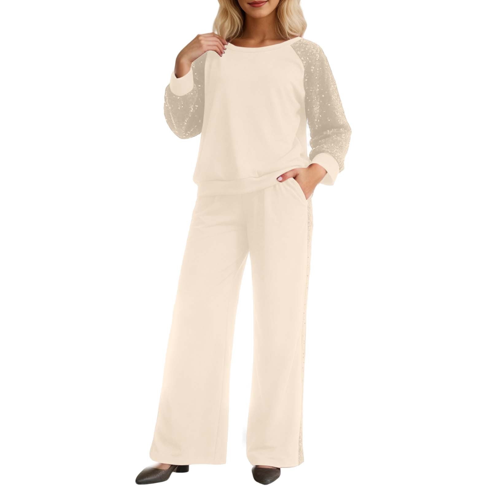 Women's 2 Piece Matching Lounge Set Sequin Patchwork Long Sleeve ...