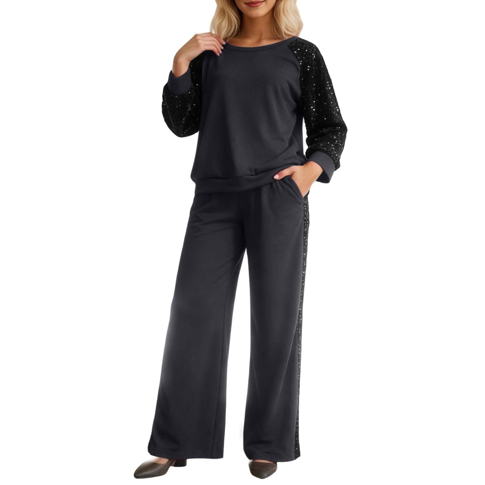 Women's 2 Piece Matching Lounge Set Sequin Patchwork Long Sleeve ...