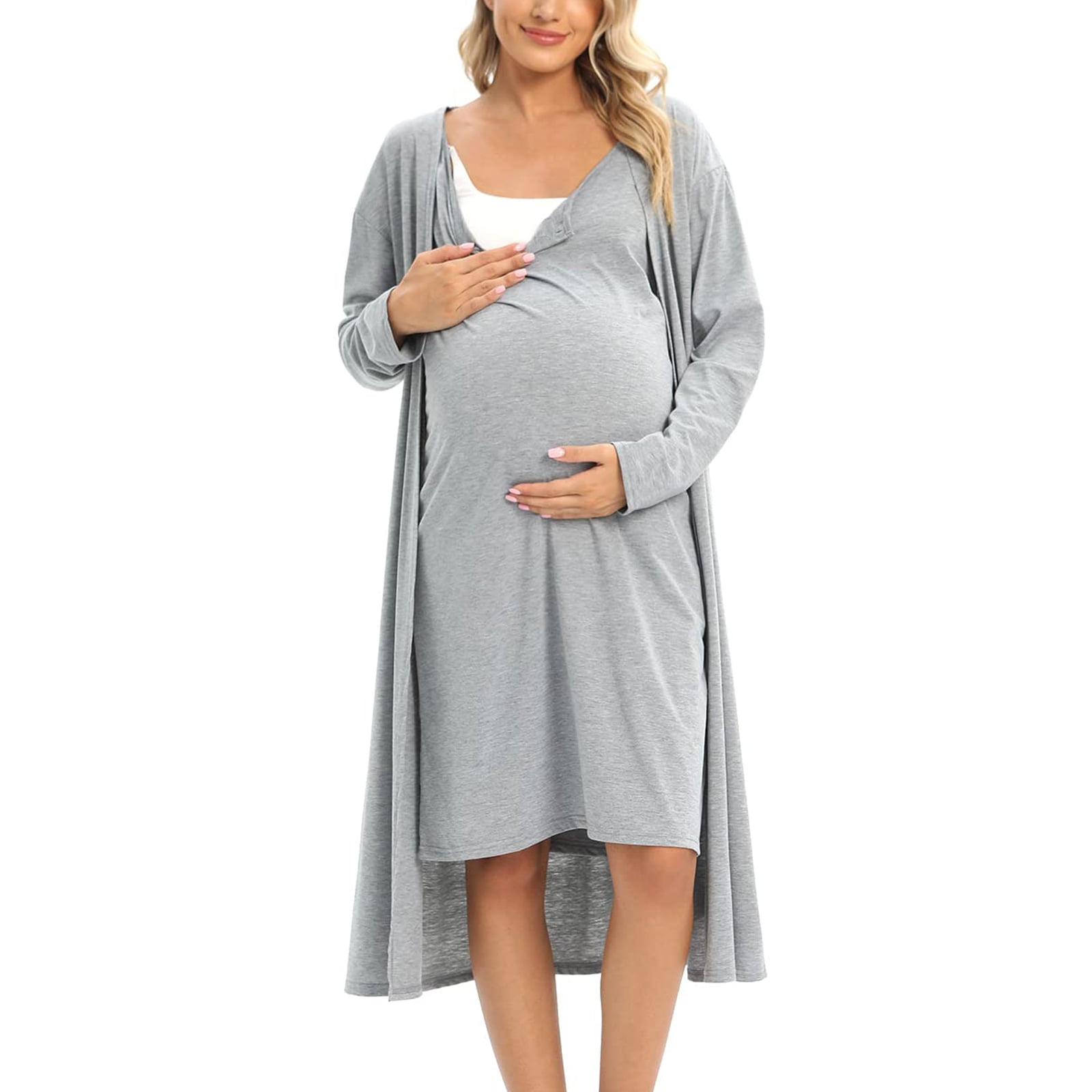 Women's 2 Piece Maternity Nursing Nightgown Robe Set Button Down ...