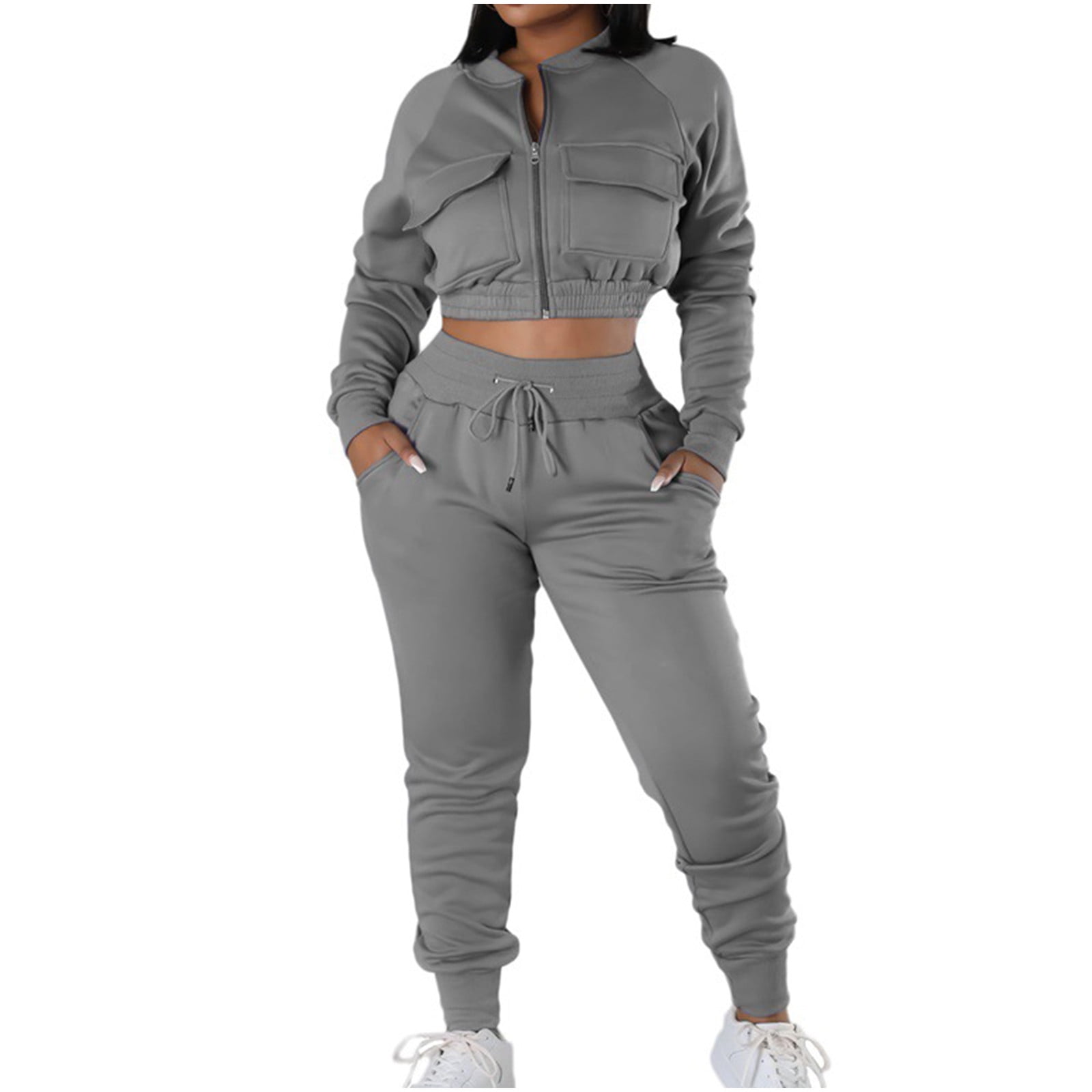 Womens 2 Piece Outfits Casual Long Sleeve Zipper Cropped Tops Coat