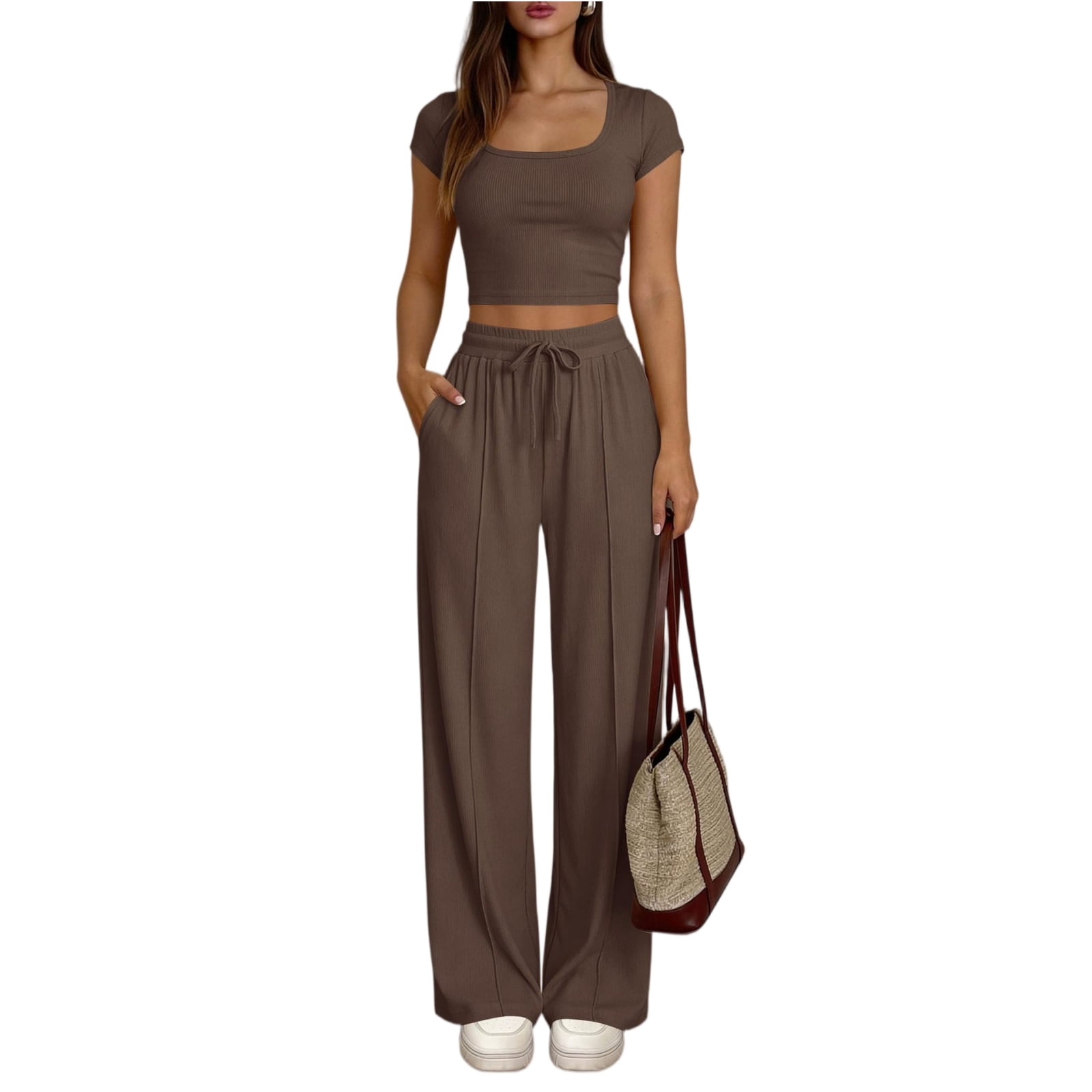 Women's 2 Piece Outfits Short Sleeve Crop Top and High Waist Wide Leg ...