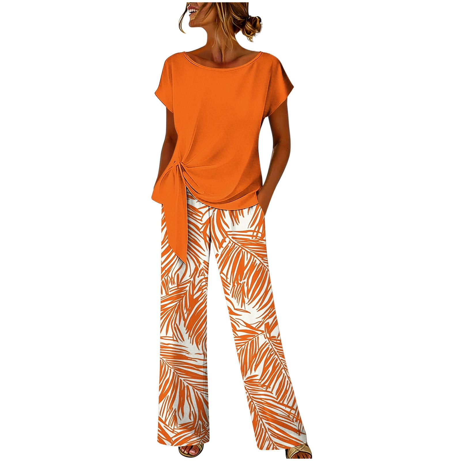 Women's 2 Piece Outfits, Short Sleeve Dressy Knot Hem Tunic Blouse ...
