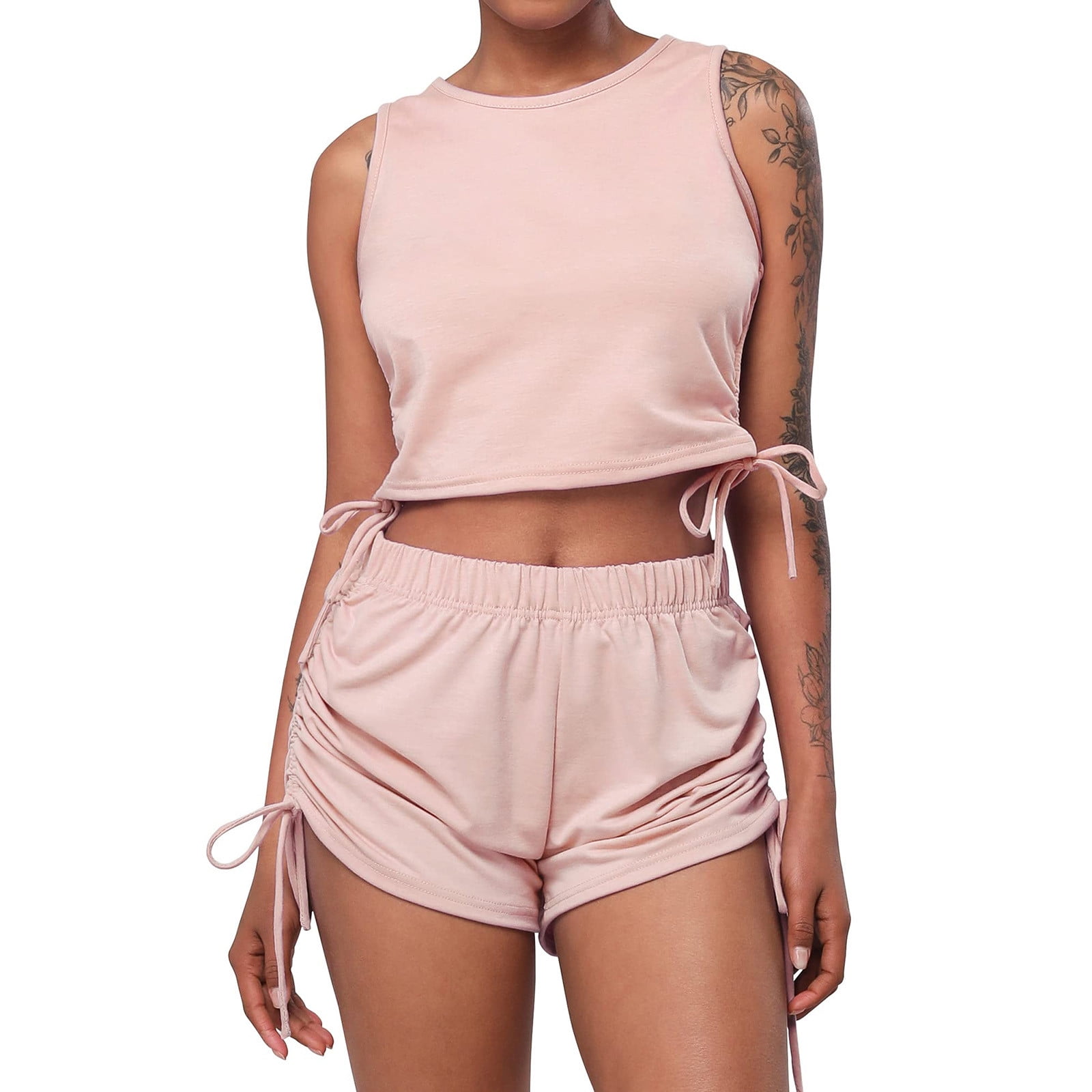 Women's 2 Piece Outfits Sleeveless Drawstring Crop Tank Top and High Waist Pocketed Shorts Loose ...