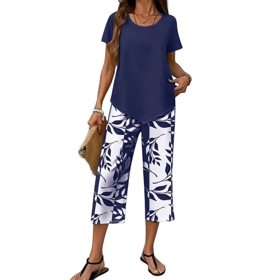 Women's 2-Piece Outfits Summer Short Sleeve Top and Floral Print Wide ...