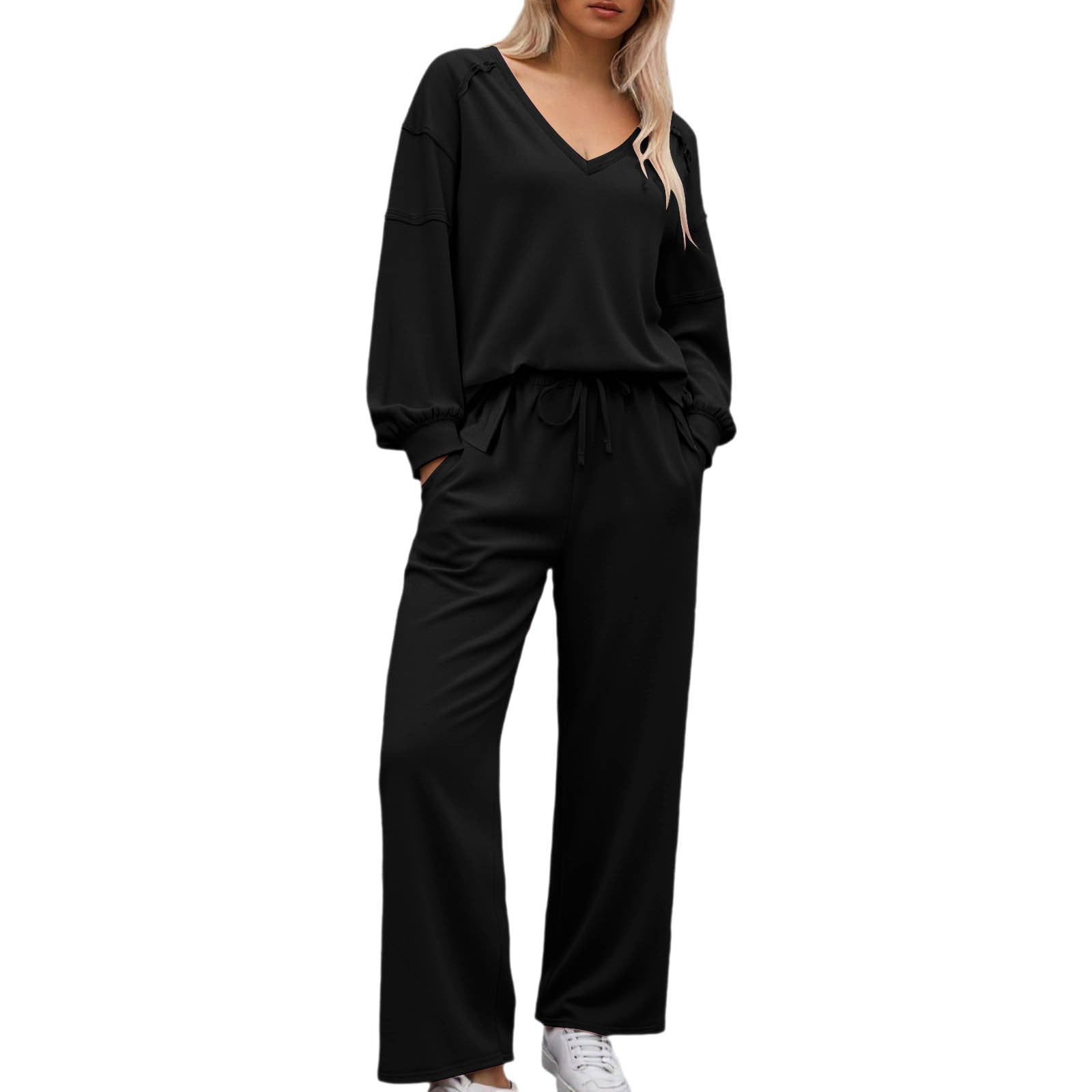 Women's 2 Piece Sweatsuit Set Long Sleeve Solid Color V-Neck Sweatshirt ...