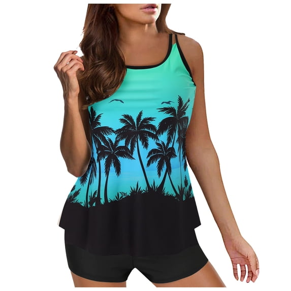 Women's 2 Piece Tankini Swimsuits Tropical Palm Tree Print Flowy Tank ...