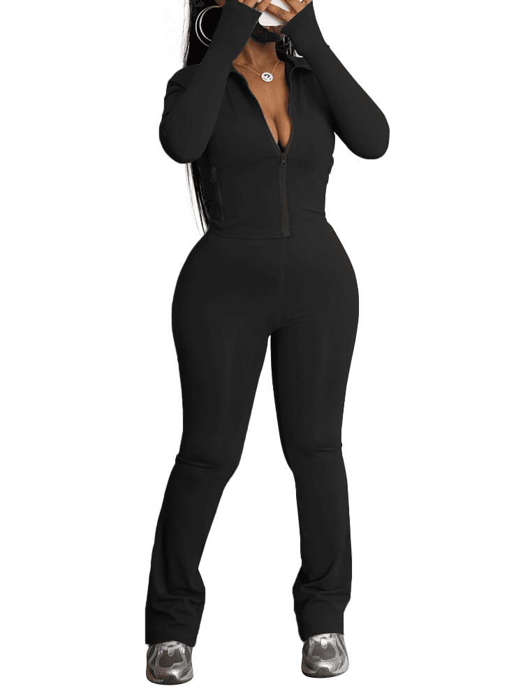 Women's 2 Piece Tracksuit Sets Long Sleeve Zip Up Crop Tops and Flare ...