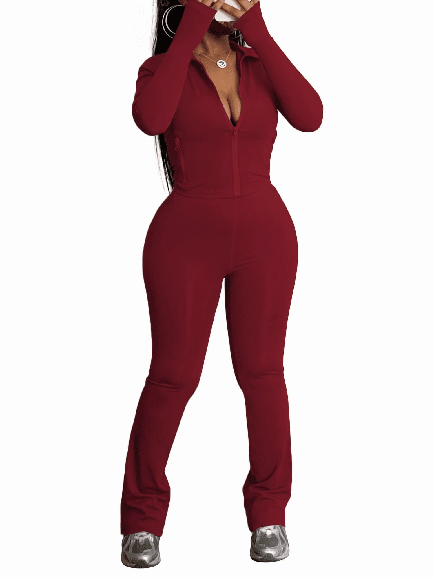 Women's 2 Piece Tracksuit Sets Long Sleeve Zip Up Crop Tops and Flare ...