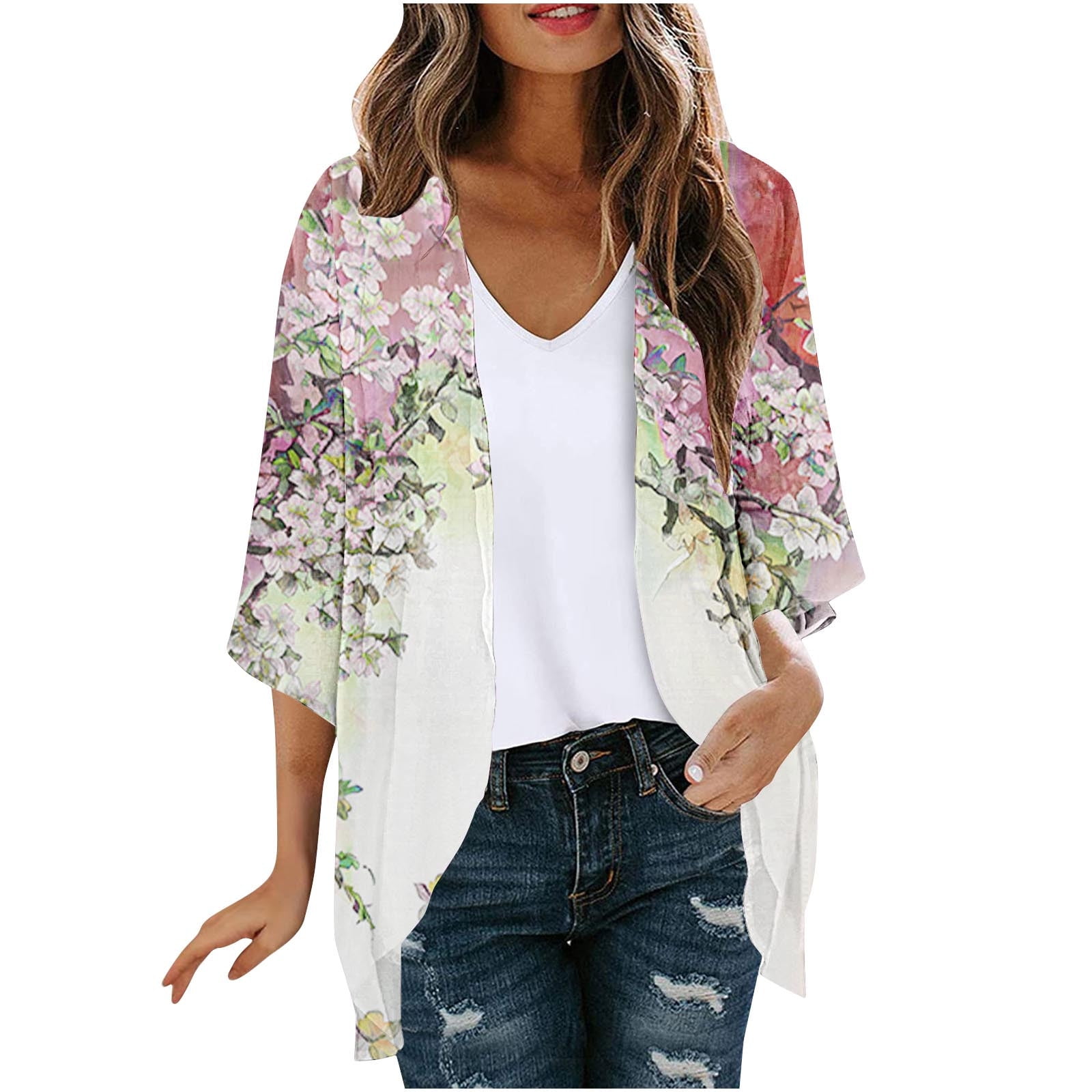 Women's 2024 Fashion Cardigan Coat Loose Fit Floral Printed Kimono ...