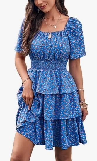 Women's 2024 Floral Summer Short Dress Square Neck Short Sleeve Tiered ...