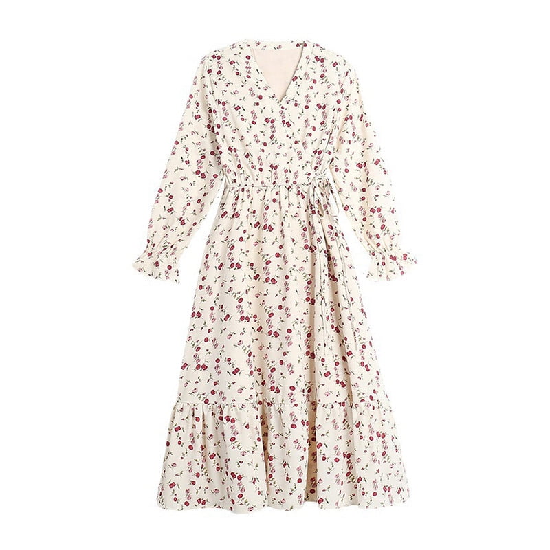 Women's 2024 Spring Dresses Floral V Neck Ruffle Belted Long Sleeve ...