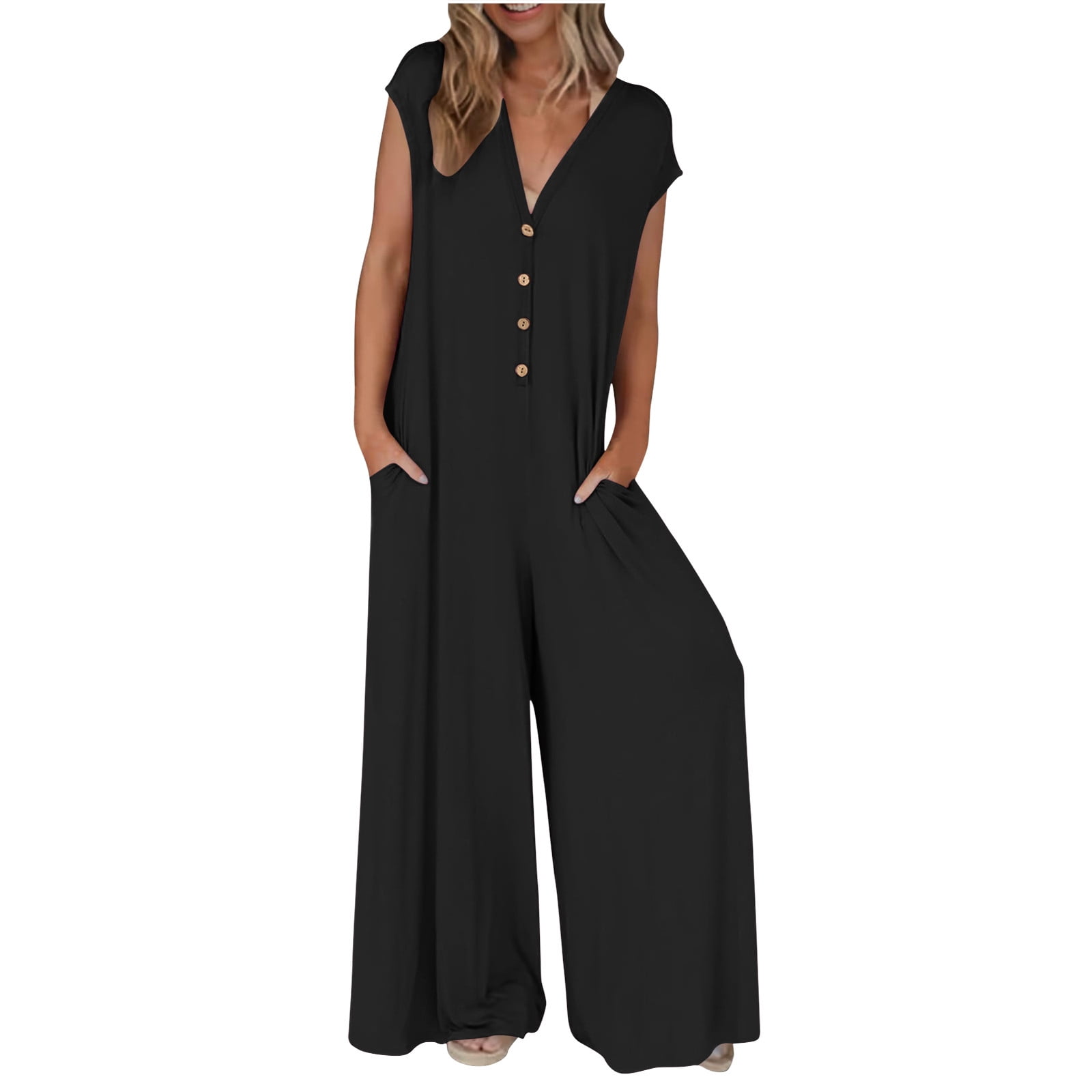 Women's 2024 Summer Jumpsuits Cap Sleeve Deep V Neck Button Onesie ...