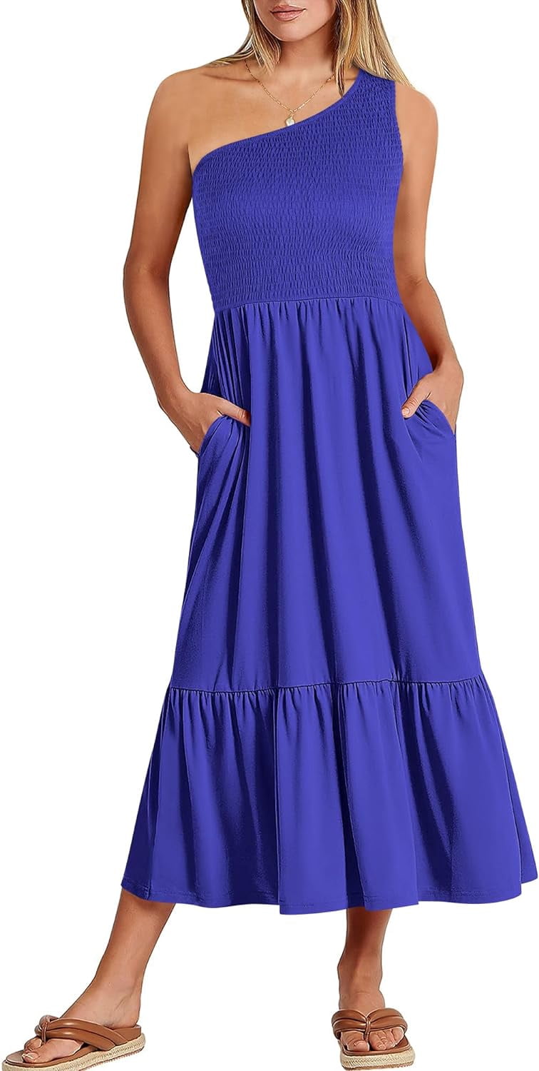 Women's 2024 Summer One Shoulder Sleeveless Beach Dress Casual Smocked ...