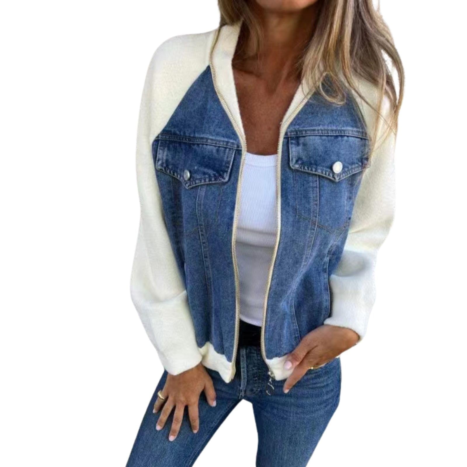 Women's 2024 autumn zipper denim jacket long sleeved washed lightweight ...