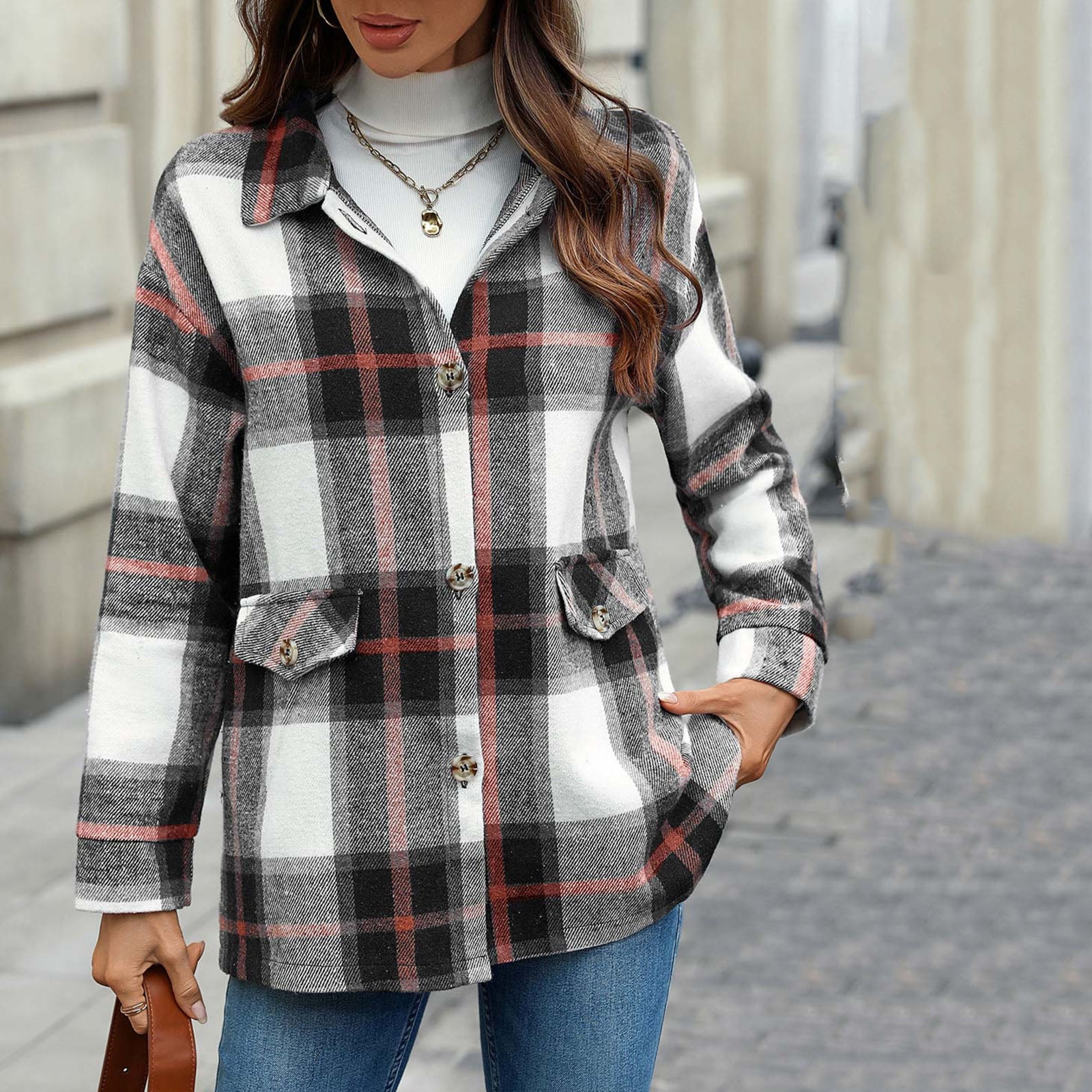 Women's 2025 Fall Clothes Plaid Shacket Jacket Long Sleeve Button Down ...