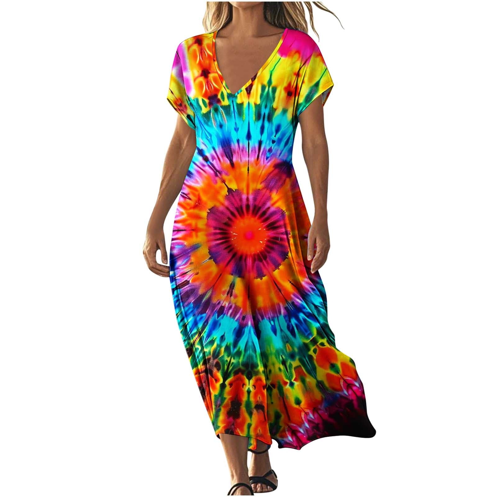 Women's 2025 Flowy Boho Maxi Dress - Short Sleeve V-Neck Floral Print ...