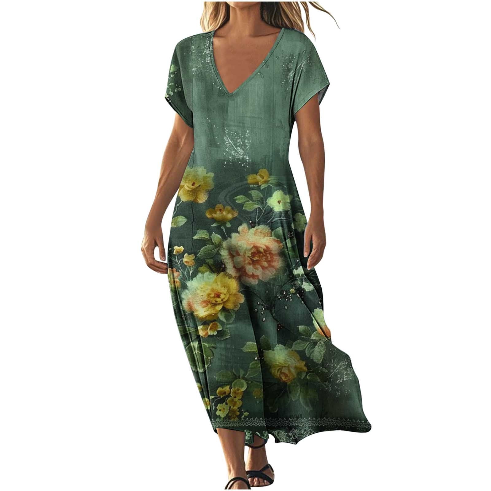Women's 2025 Flowy Boho Maxi Dress - Short Sleeve V-Neck Floral Print ...