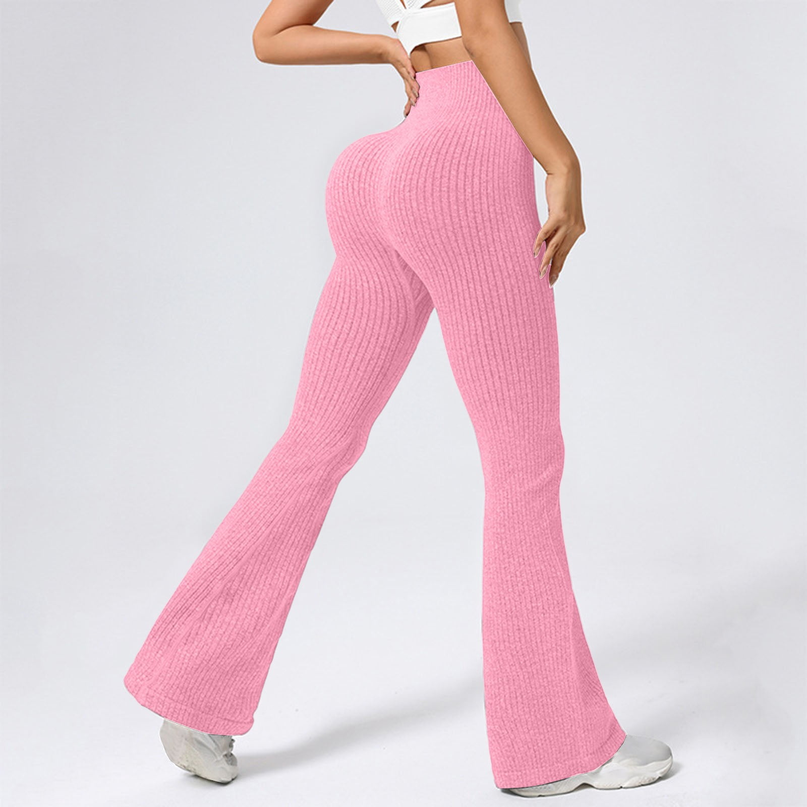 Women's 2025 New Style High Waist Ribbed Flare Yoga Pants, Peach Hip ...