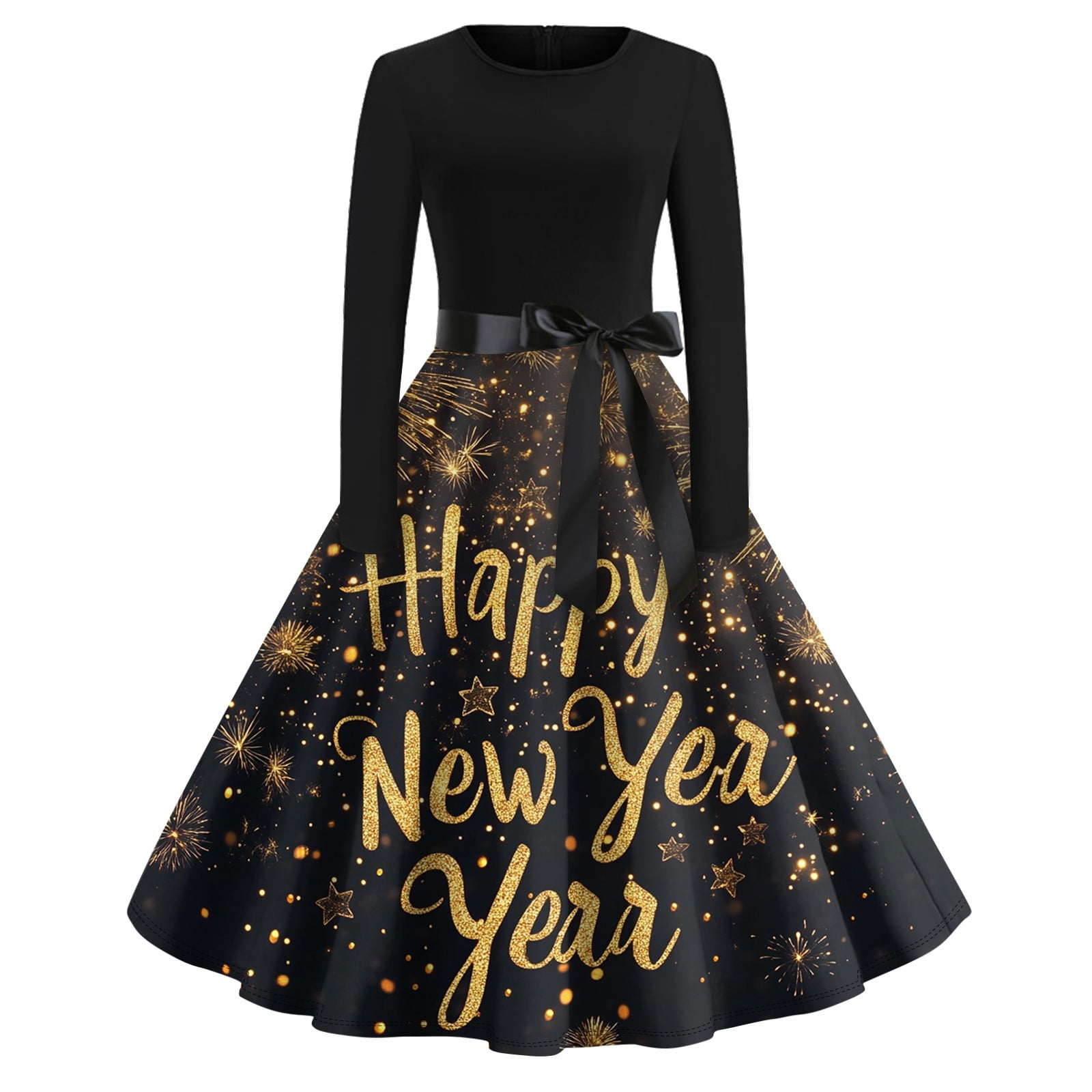Women's 2025 New Year's Eve Dress Long Sleeve, Fireworks Print, Elegant ...