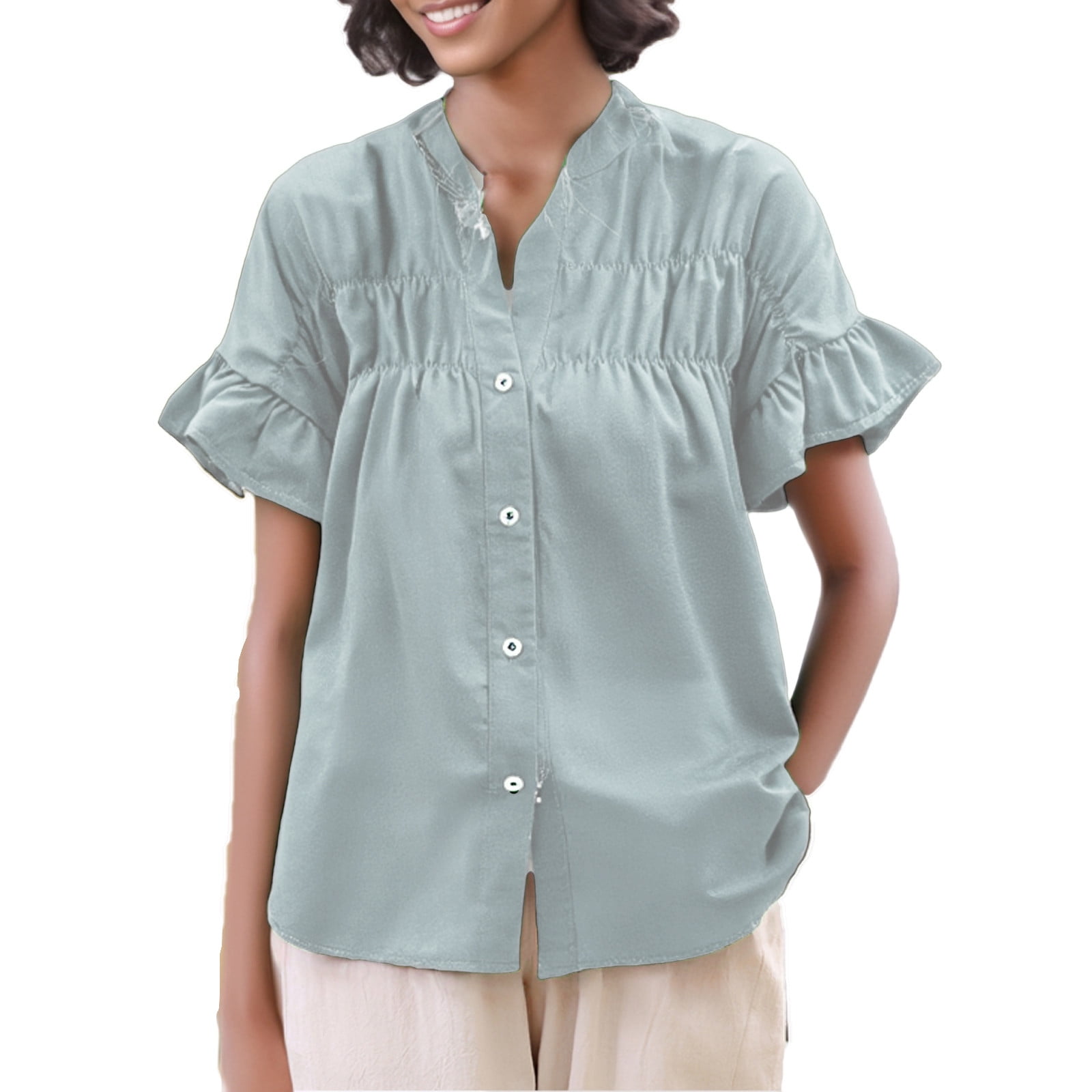 Women's 2025 Summer Button - Down Blouse - Pleated V - Neck, Short ...