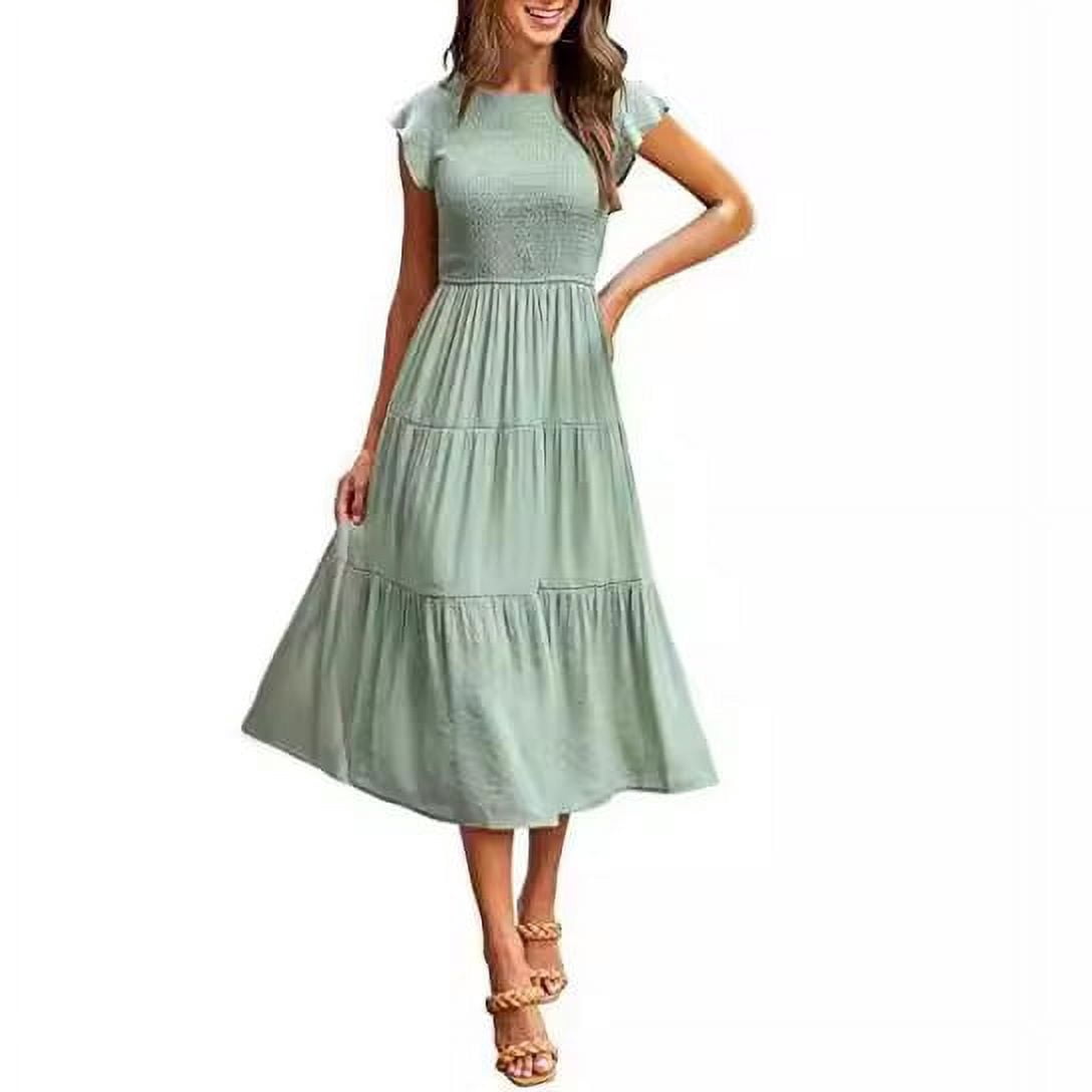 Women s 2025 Summer Casual Flutter Short Sleeve Crew Neck Smocked women-s-2025-summer-casual-flutter-short-sleeve-crew-neck-smocked