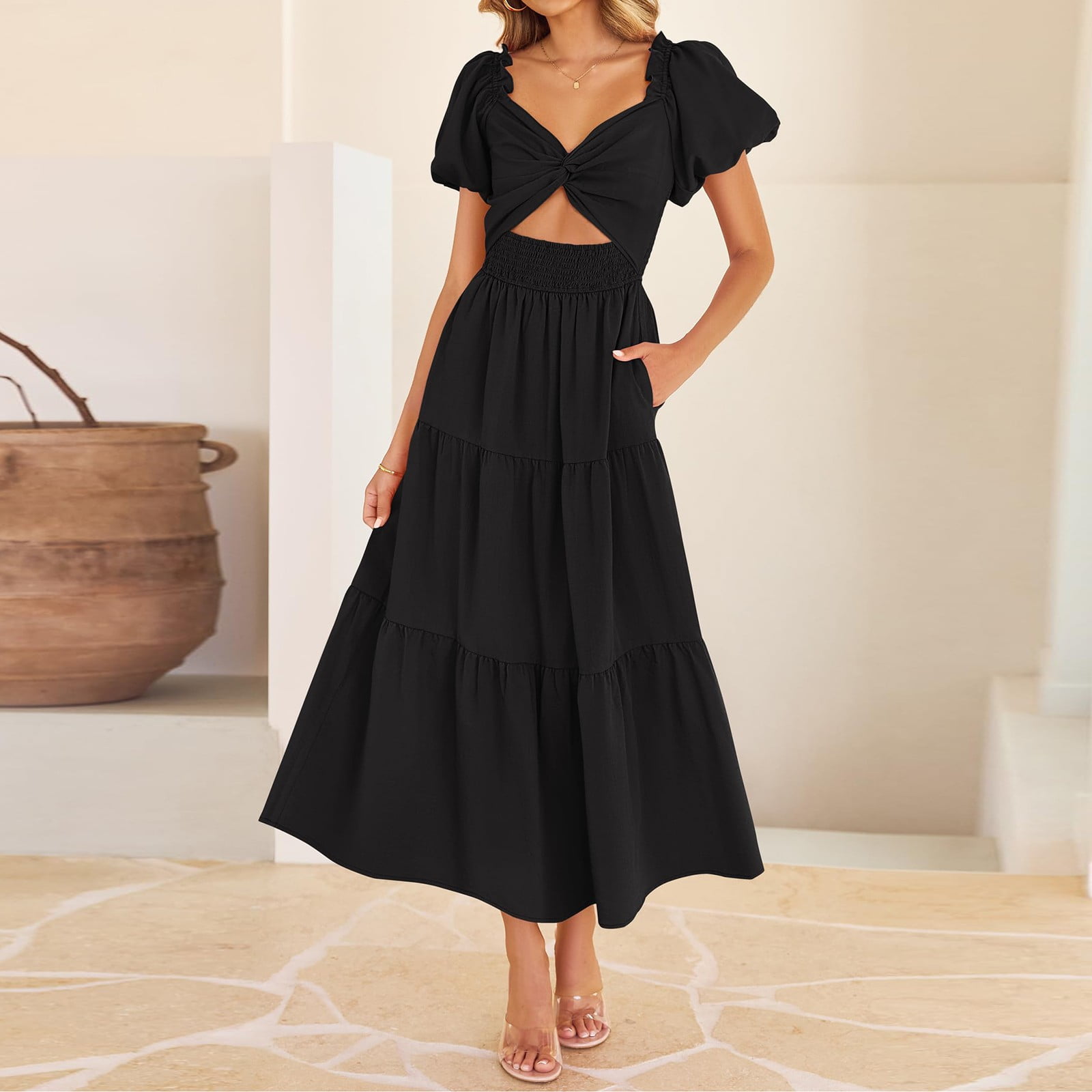 Women's 2025 Summer Cutout Maxi Dress Square Neck Short Sleeve ...