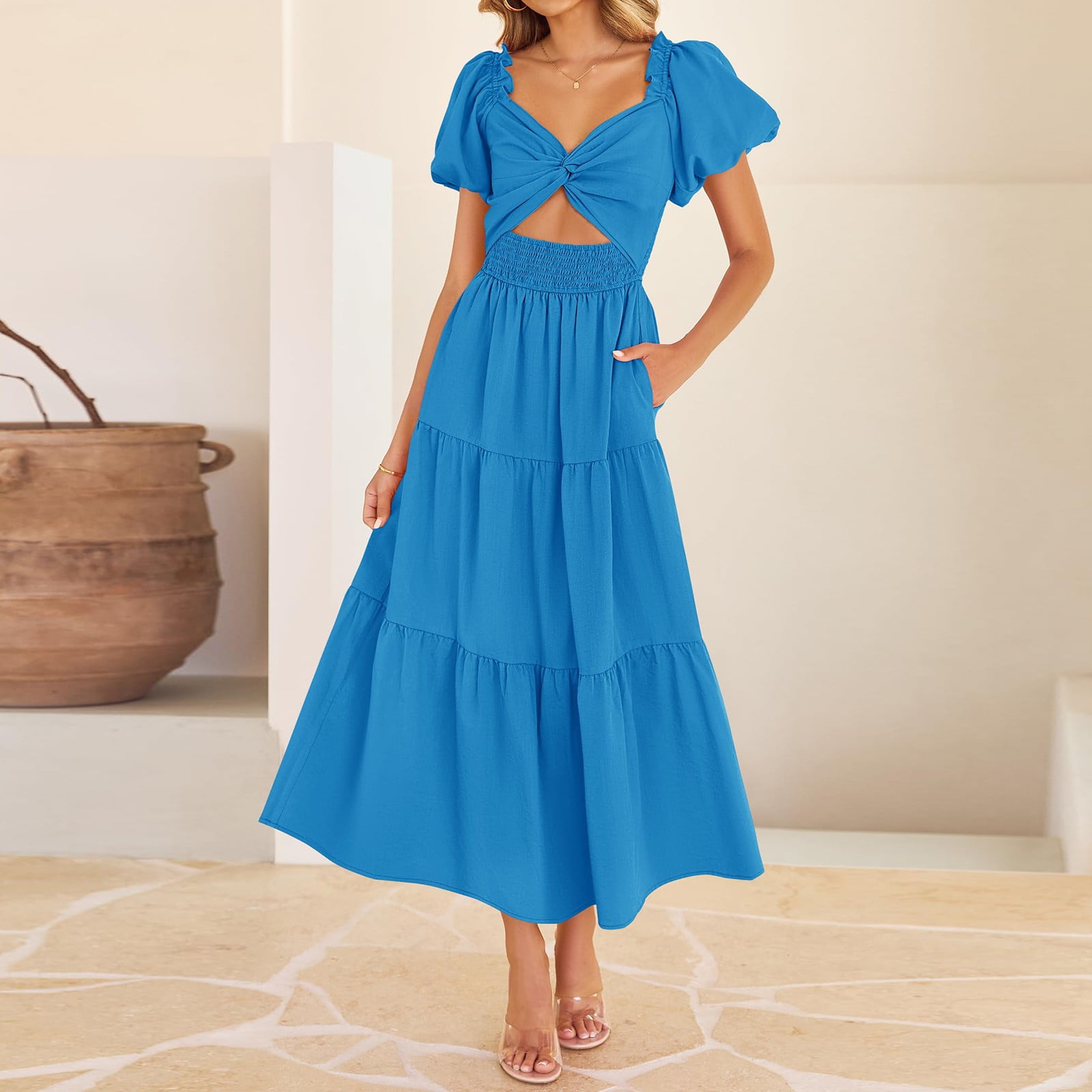Women's 2025 Summer Cutout Maxi Dress Square Neck Short Sleeve ...