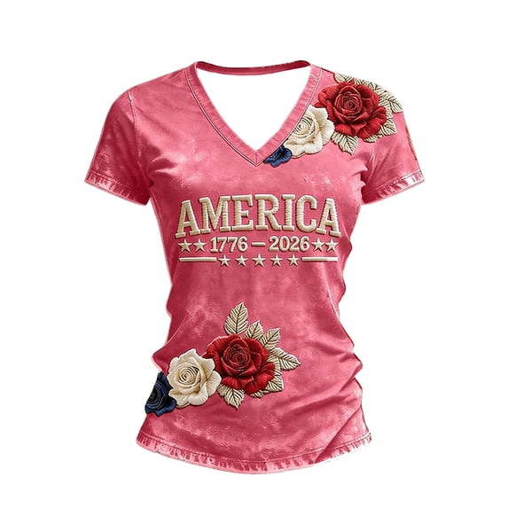Women's 250th Anniversary America 1776-2026 T-Shirt, Floral Rose Print ...