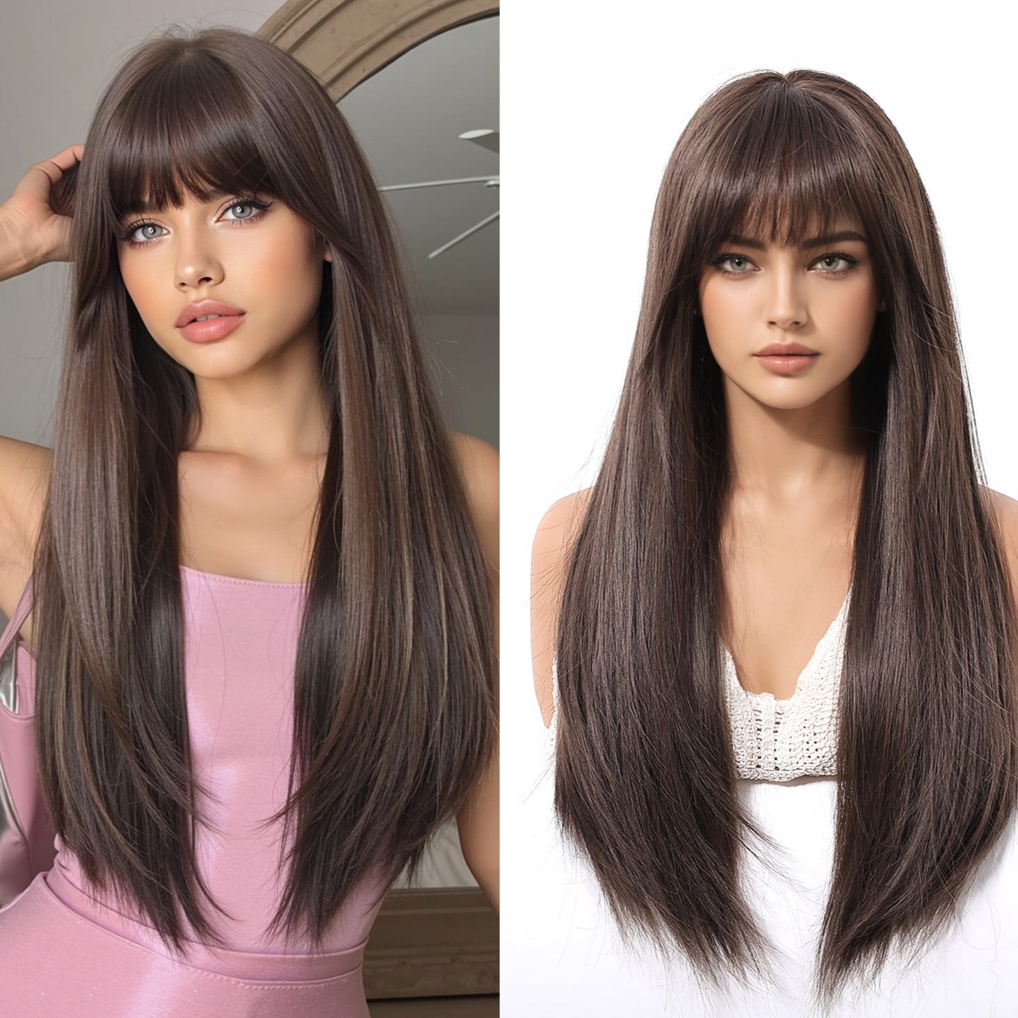 Women's 28 Inch Dark Brown Long Straight Wig - Air Bangs, Layered ...