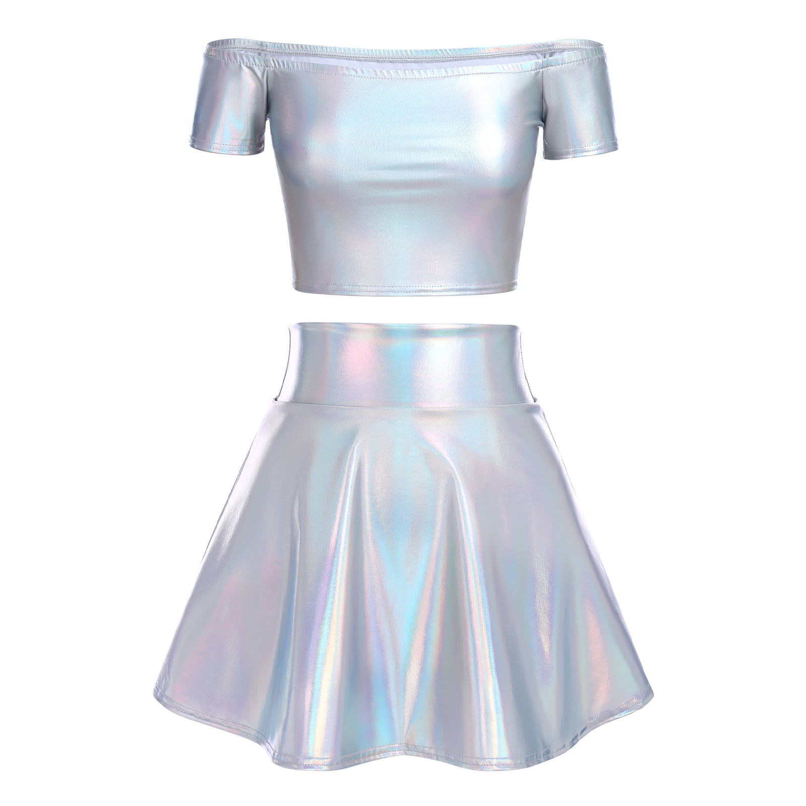 Women's 2Piece Metallic Outfit Shiny Off Shoulder Crop Top + Silver ...