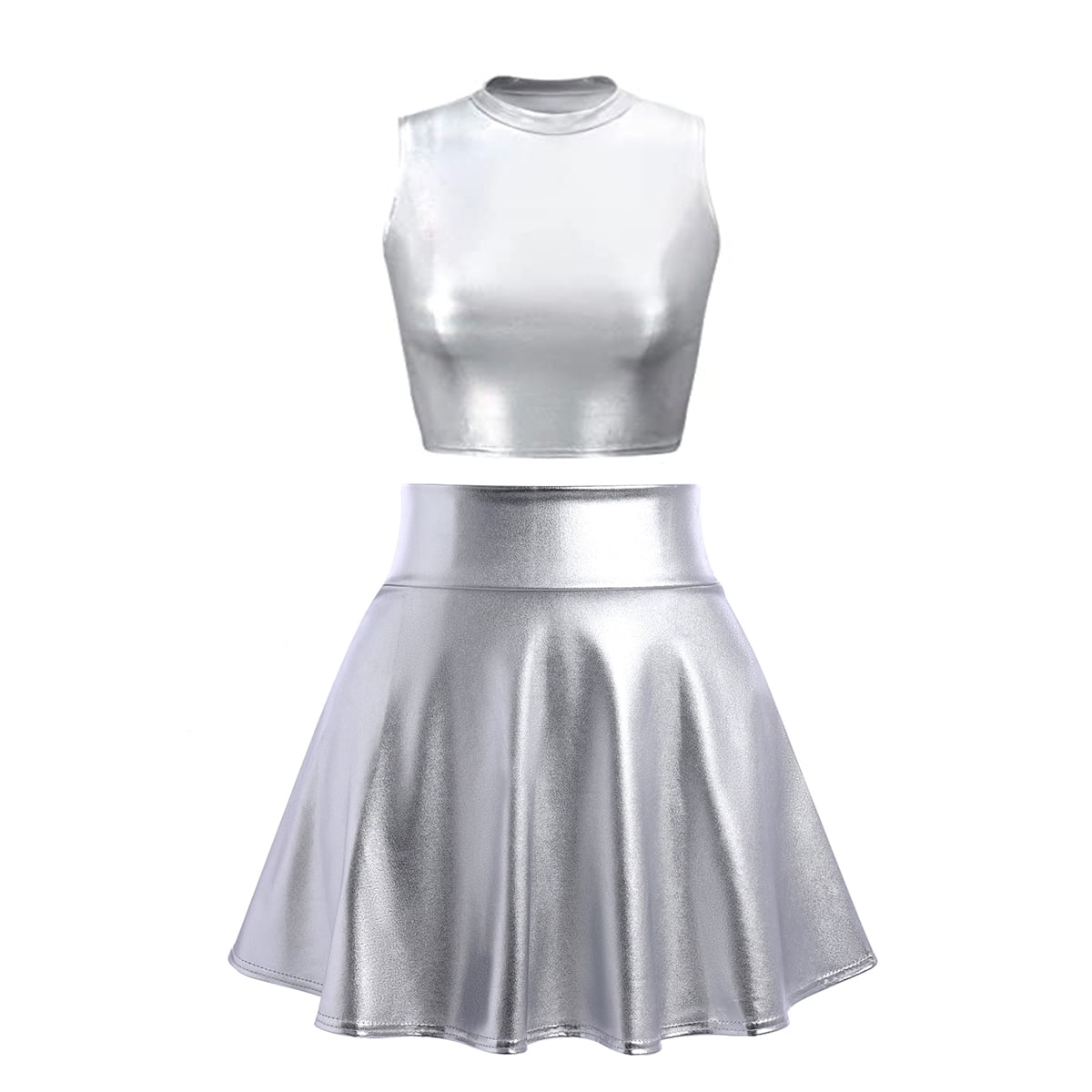 Women's 2Piece Metallic Outfit Shiny Off Shoulder Crop Top + Silver ...