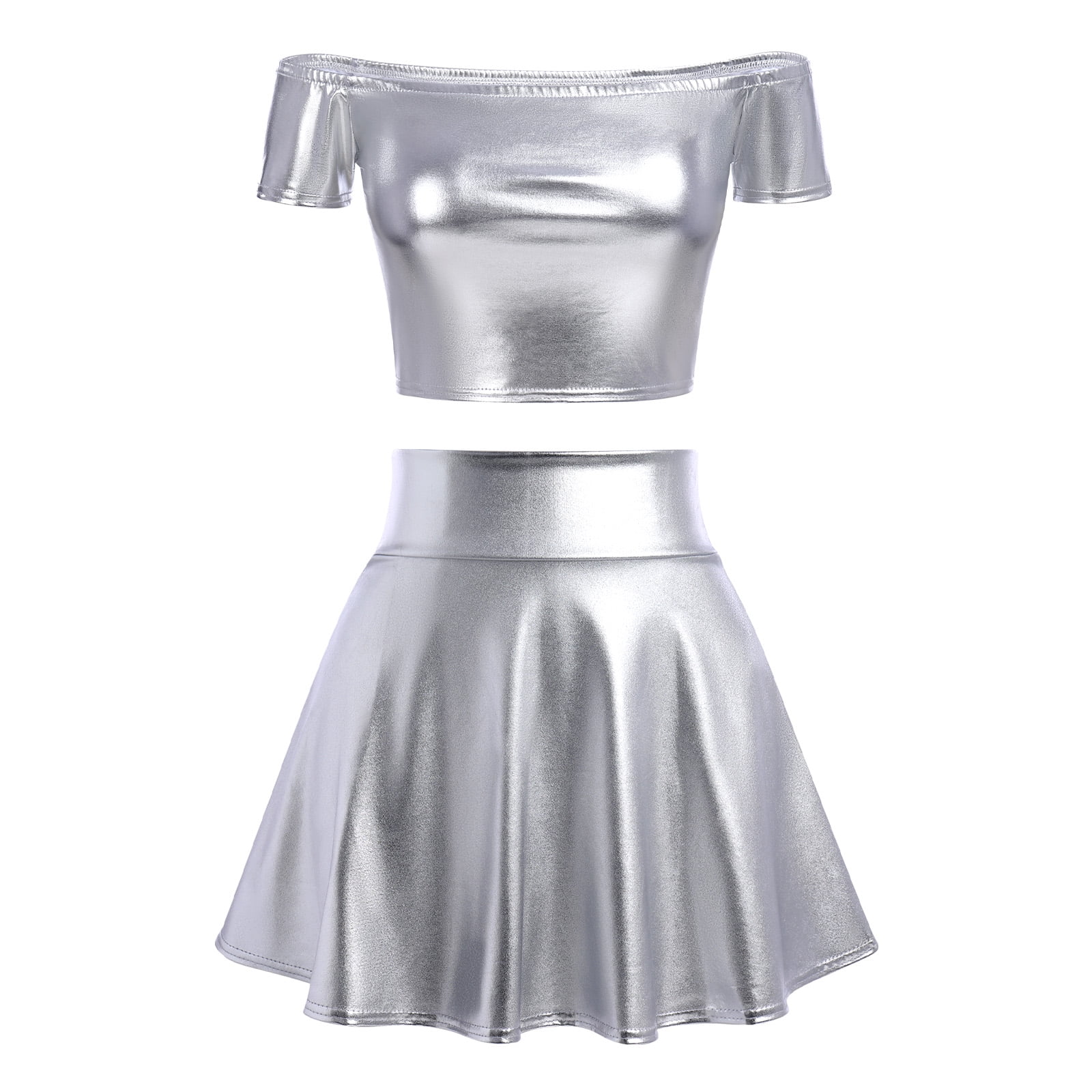 Women's 2Piece Metallic Outfit Shiny Off Shoulder Crop Top + Silver ...