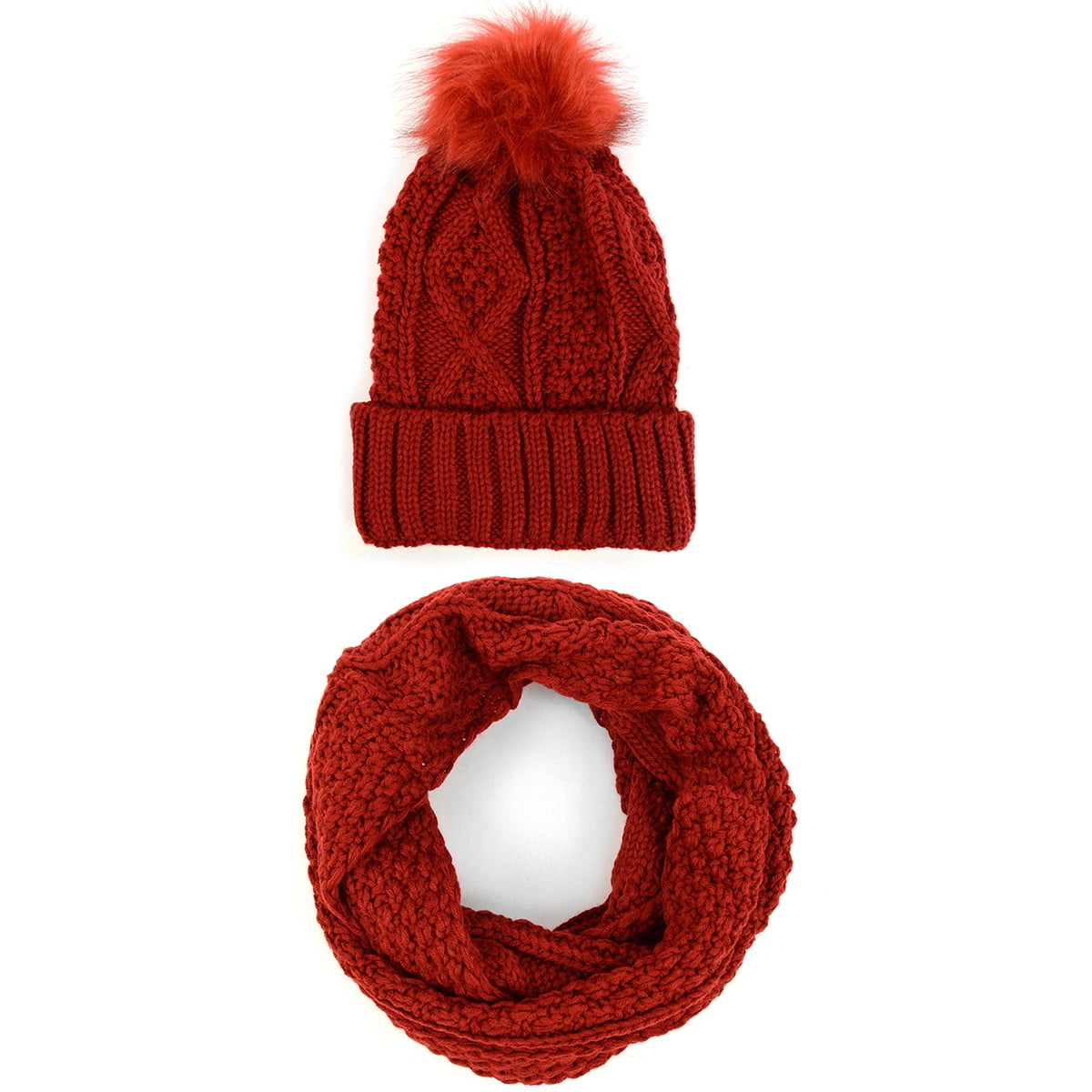 Women's 2pc Knit Hat & Infinity Scarf Winter Set-Warm Fuzzy Pom Pom ...