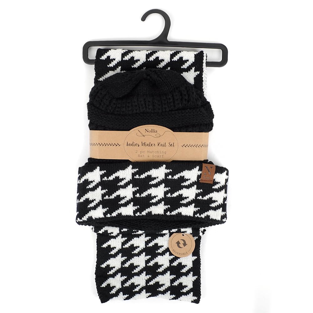 Women's 2pc Reversible Houndstooth Hat & Infinity Scarf Set (Black ...