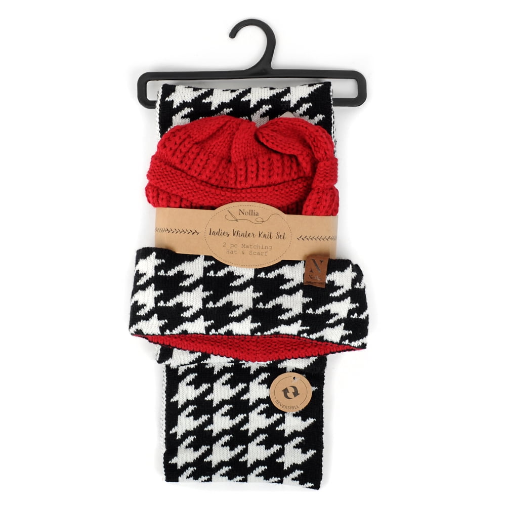 Women's 2pc Reversible Houndstooth Hat & Infinity Scarf Set (Red ...