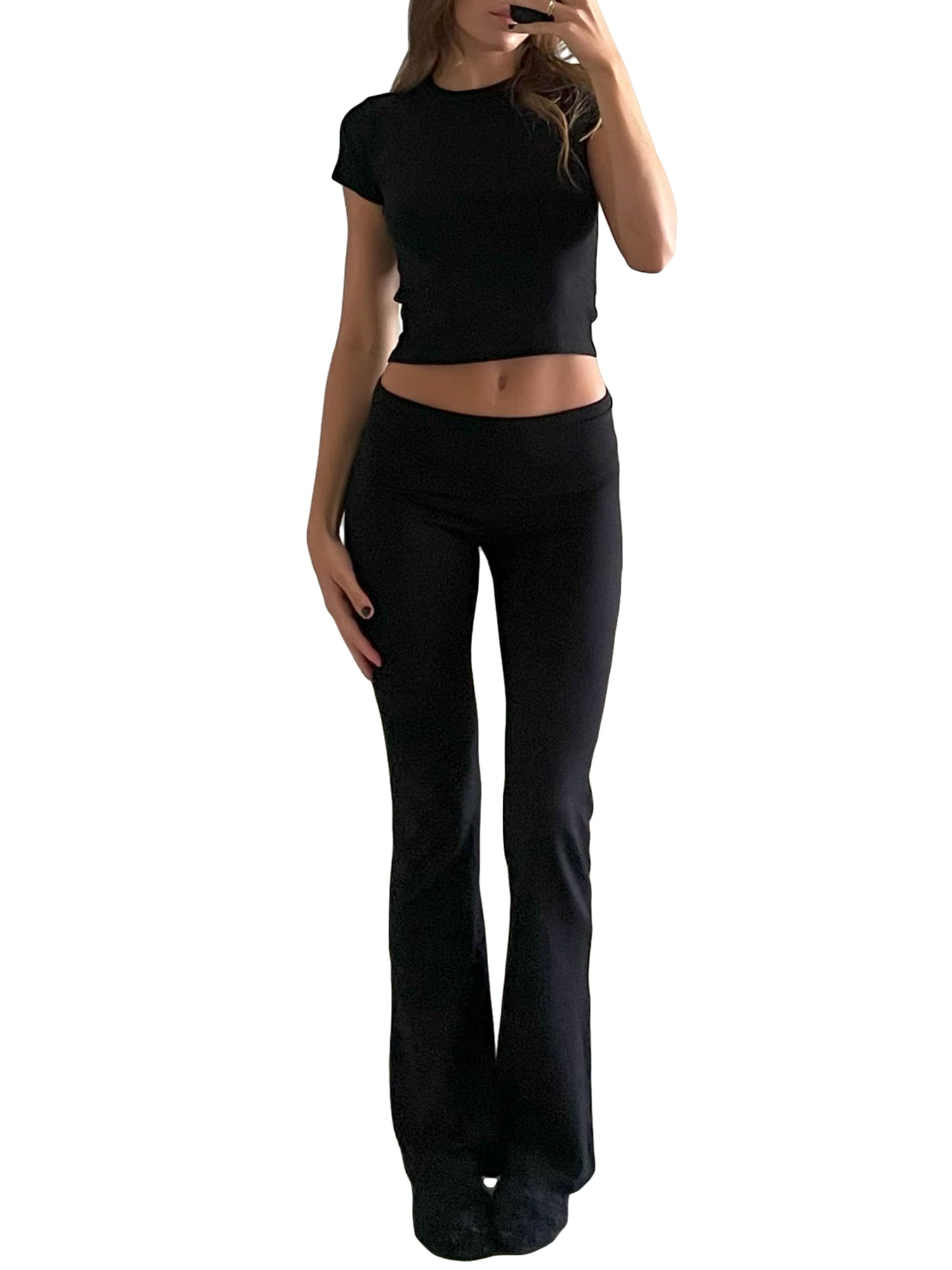 Women's 2pcs Outfits Basic Short Sleeve Crop Top Low Rise Flare Pants ...