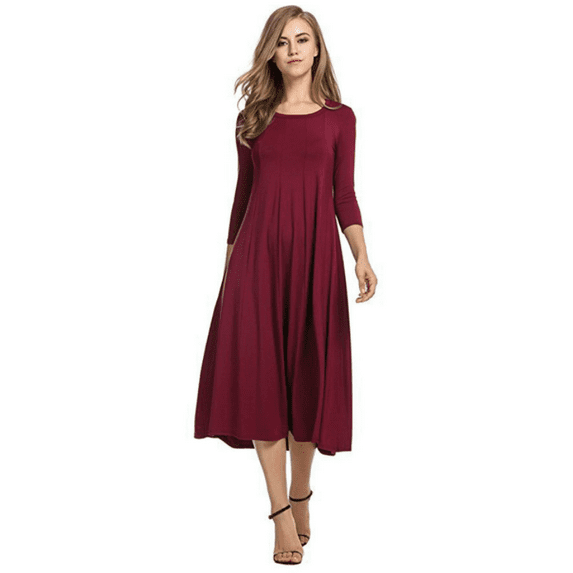 Women's 3/4 Sleeve A-line and Flare Midi Long Dress - Walmart.com