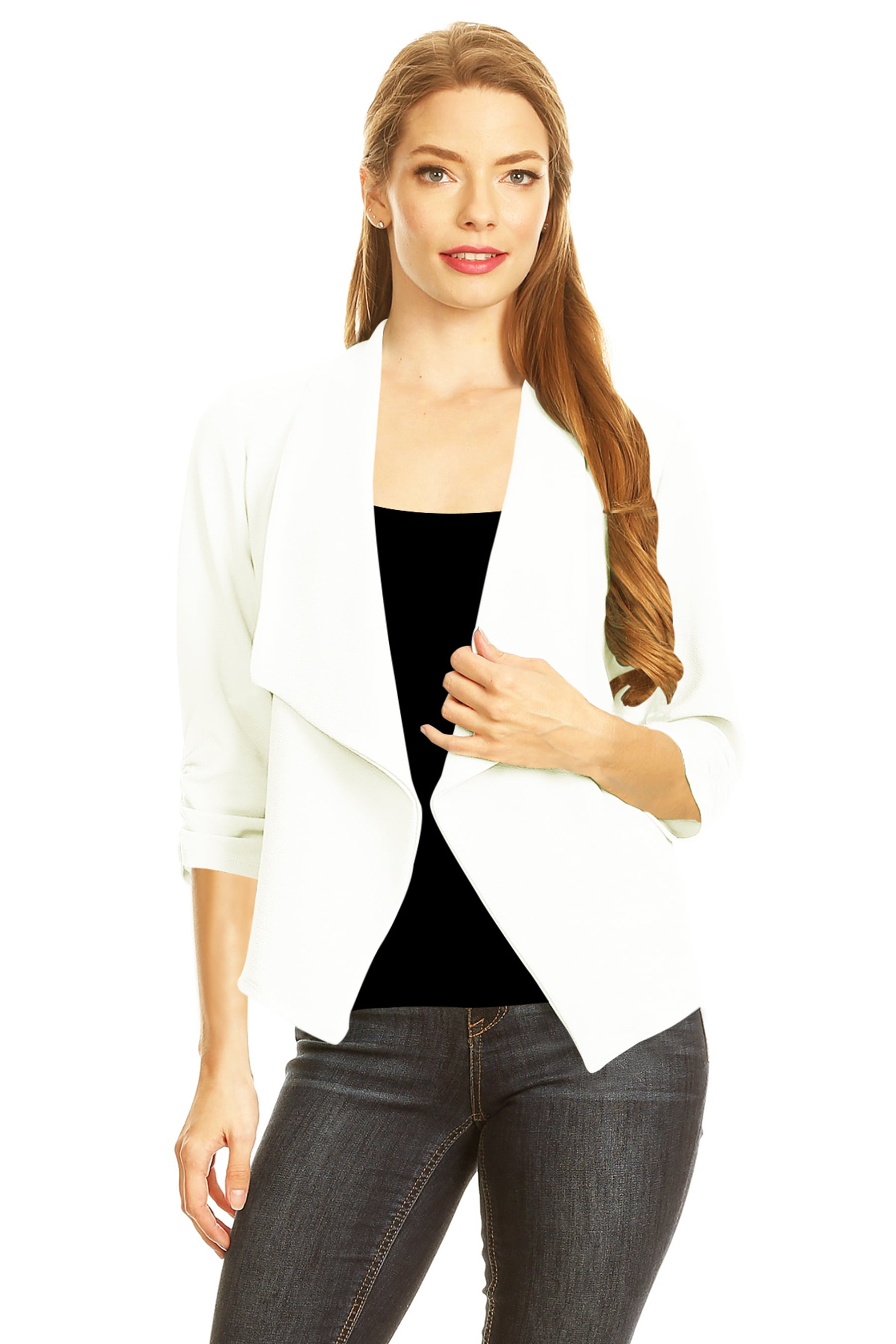 Women's Fitted Waist Length Jacket Open Front Draped Neck Ruched ...