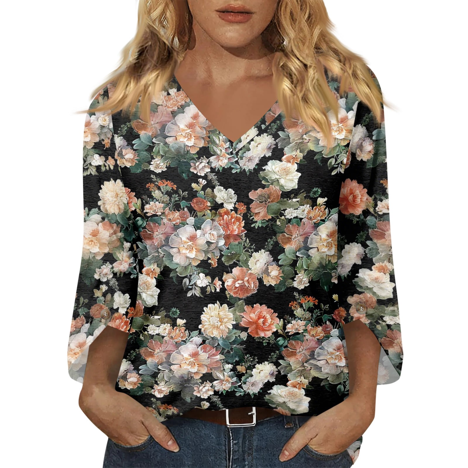 Women's 3/4 Sleeve Blouses Floral Printed V Neck Business Work Tops ...