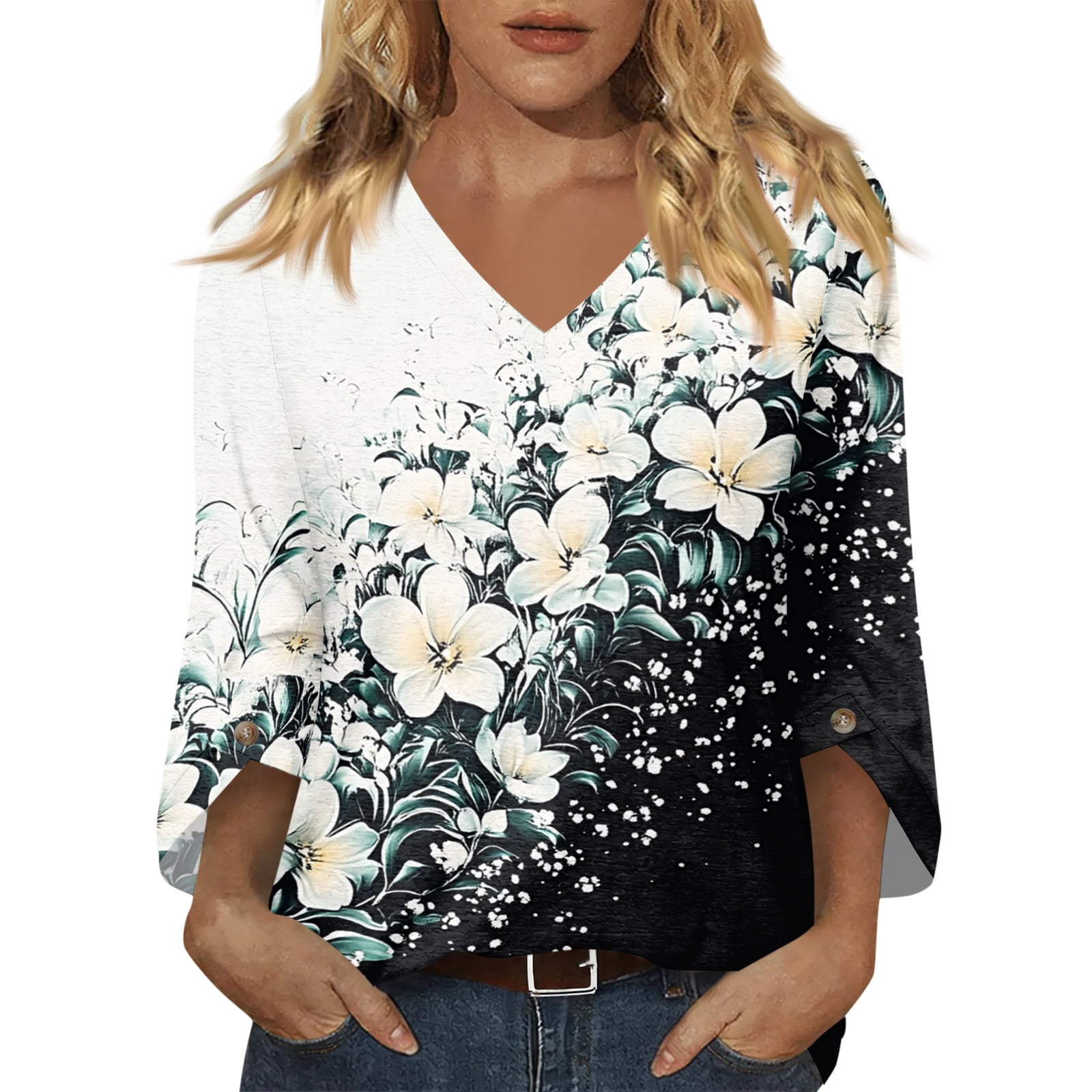 Women's 3/4 Sleeve Blouses Floral Printed V Neck Business Work Tops ...