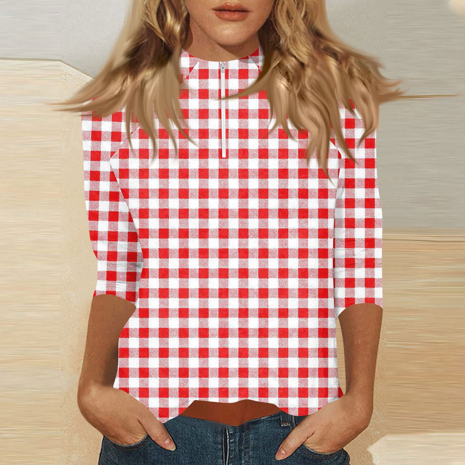 Women's 3/4 Sleeve Polo Shirt - Stand Collar with Full-Zip Front ...