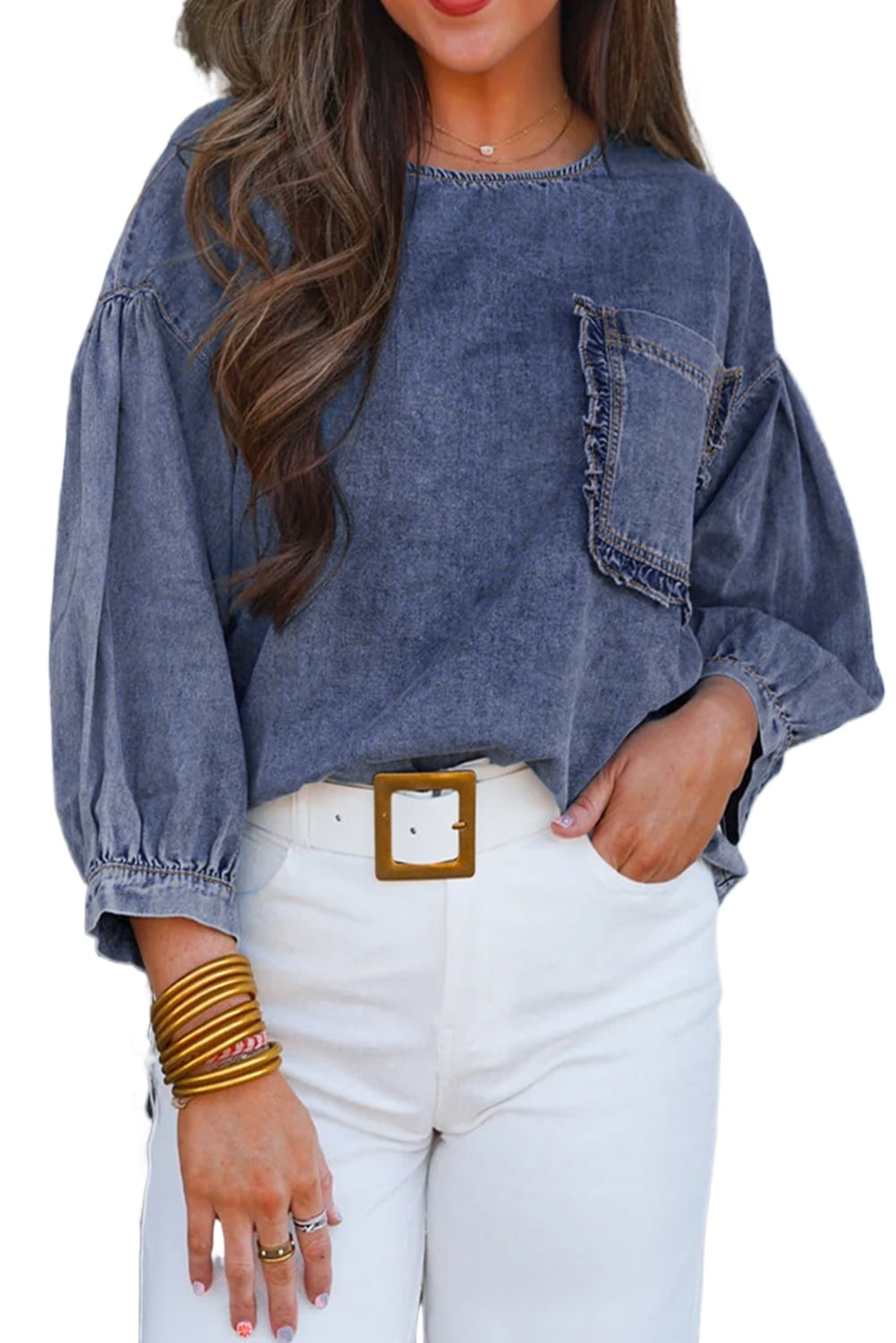 Women's 3/4 Sleeve Ruffled Pocket Denim Blouse in Sky Blue - [ZhiHiMeRi ...