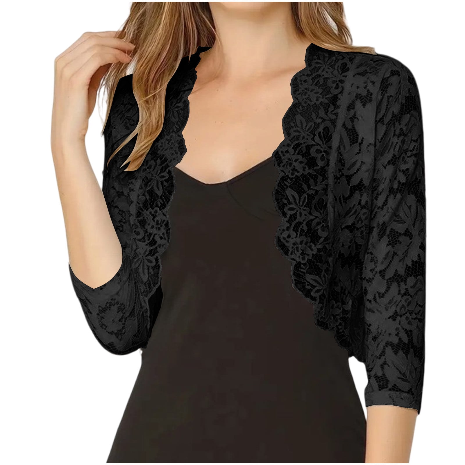 Women's 3/4 Sleeve Sheer Crochet Lace Bolero Shrug Cropped Cardigan ...
