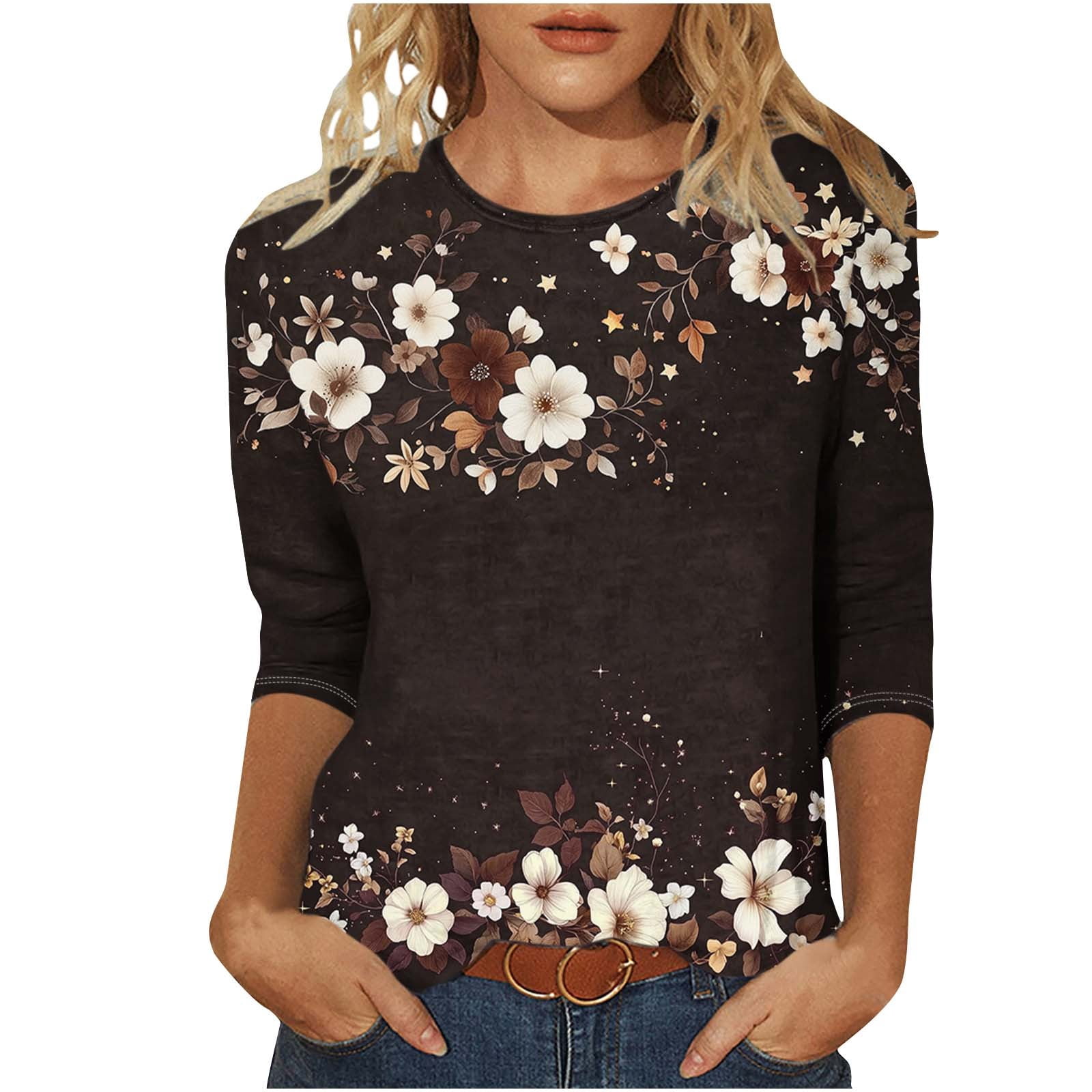 Women's 3/4 Sleeve Shirts Fashion Printed Round Neck Blouses Pullover ...