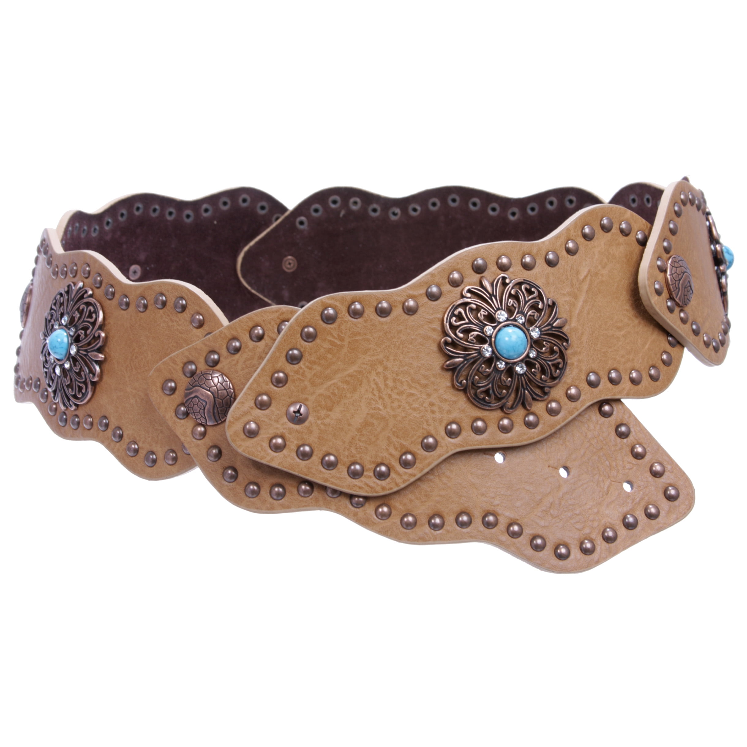 Women's 3" (75mm) Wide Boho Link Turquoise Silver Studded Leather Belt ...