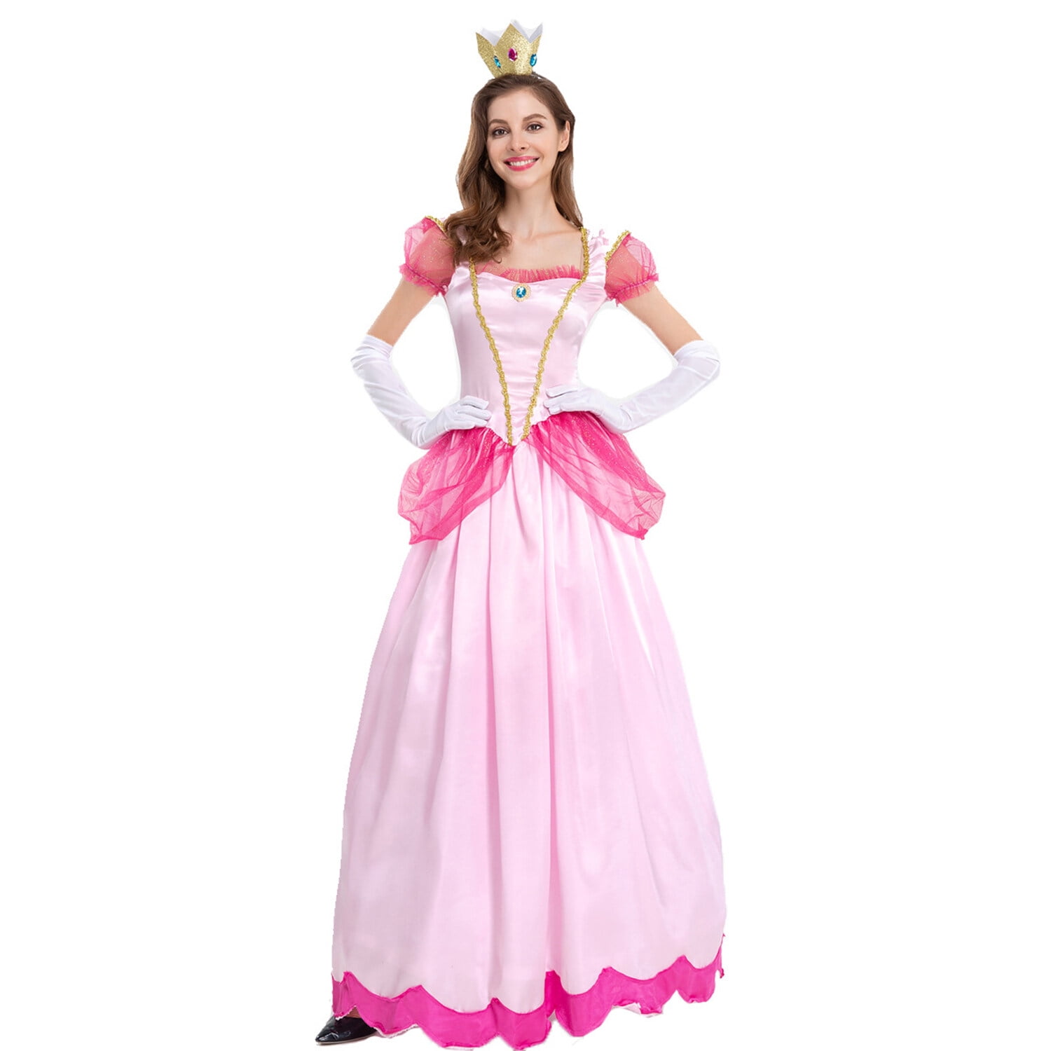 Women's Super Mario Princess Peach Costume with Satin Gown, Crown ...