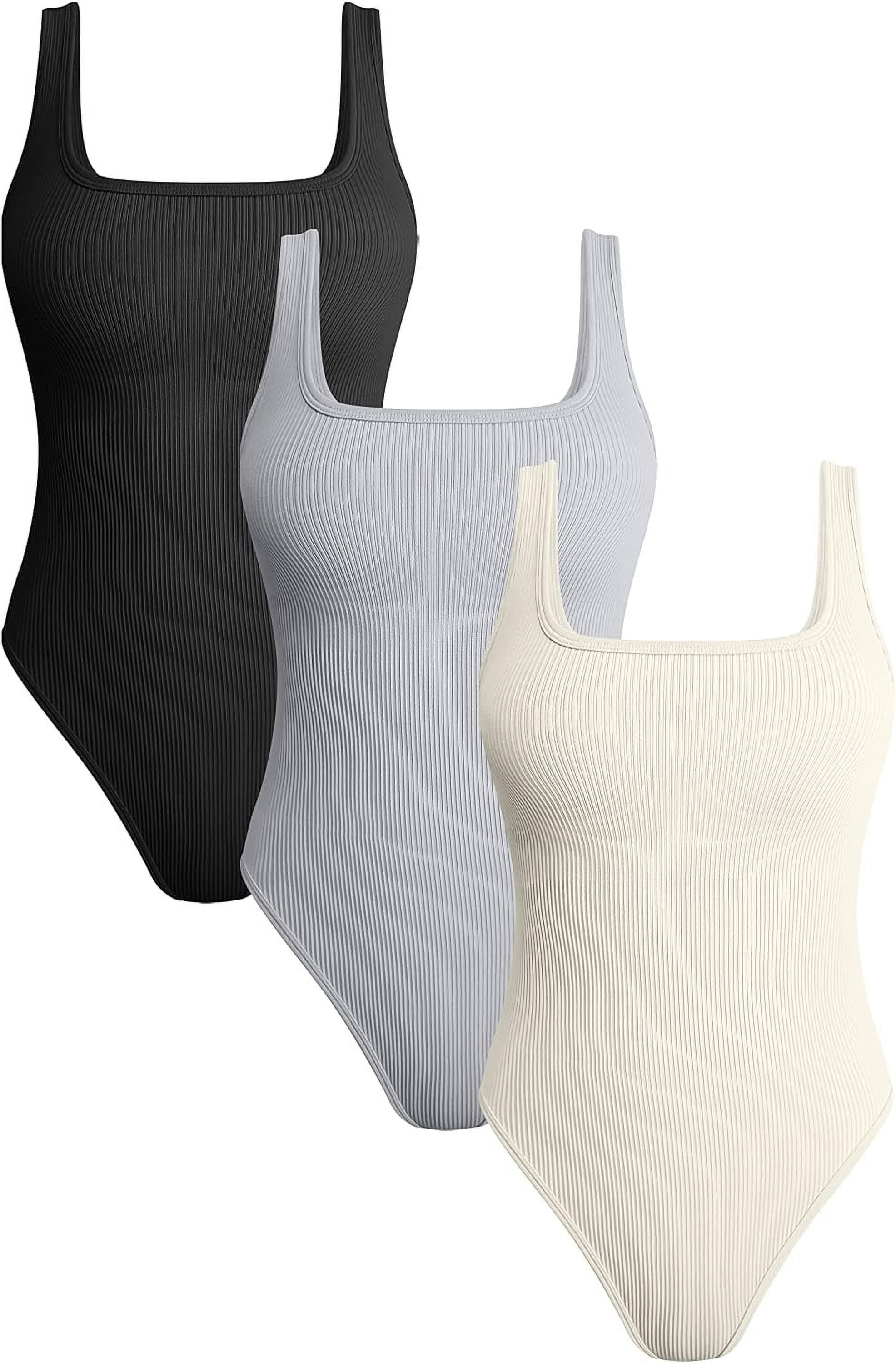 Women's 3 Piece Bodysuits Ribbed Square Neck Sleeveless Tank Tops ...
